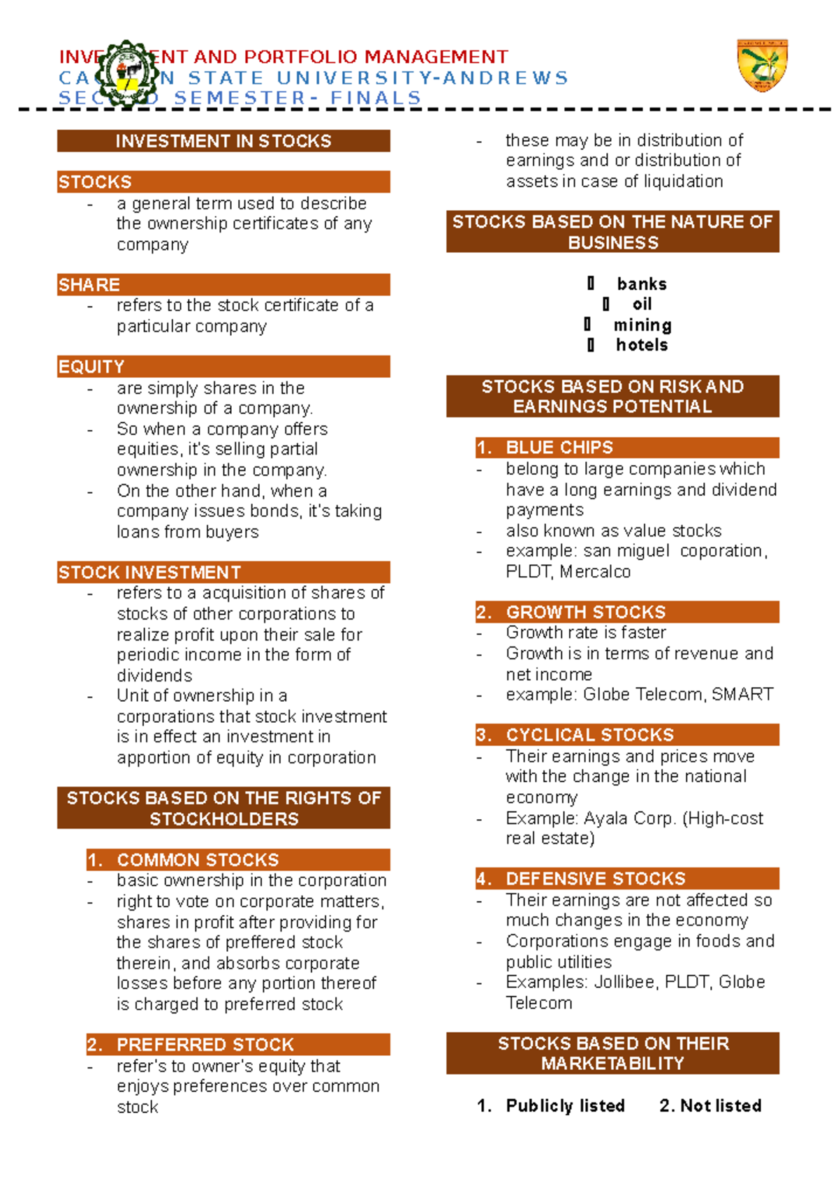 Investment IN Stocks notes - INVESTMENT AND PORTFOLIO MANAGEMENT C A G ...