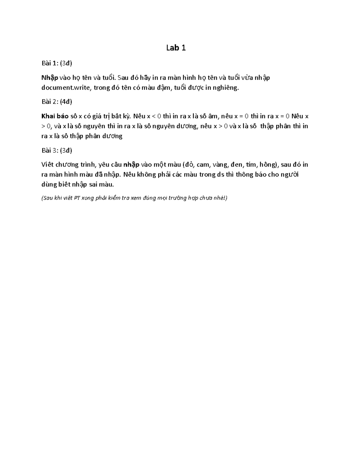 Labs 1 - gđfdgf - Lab 1 Bài 1: (3đ) Nh pậ vào h ọ tên và tu i. Sau đó ...