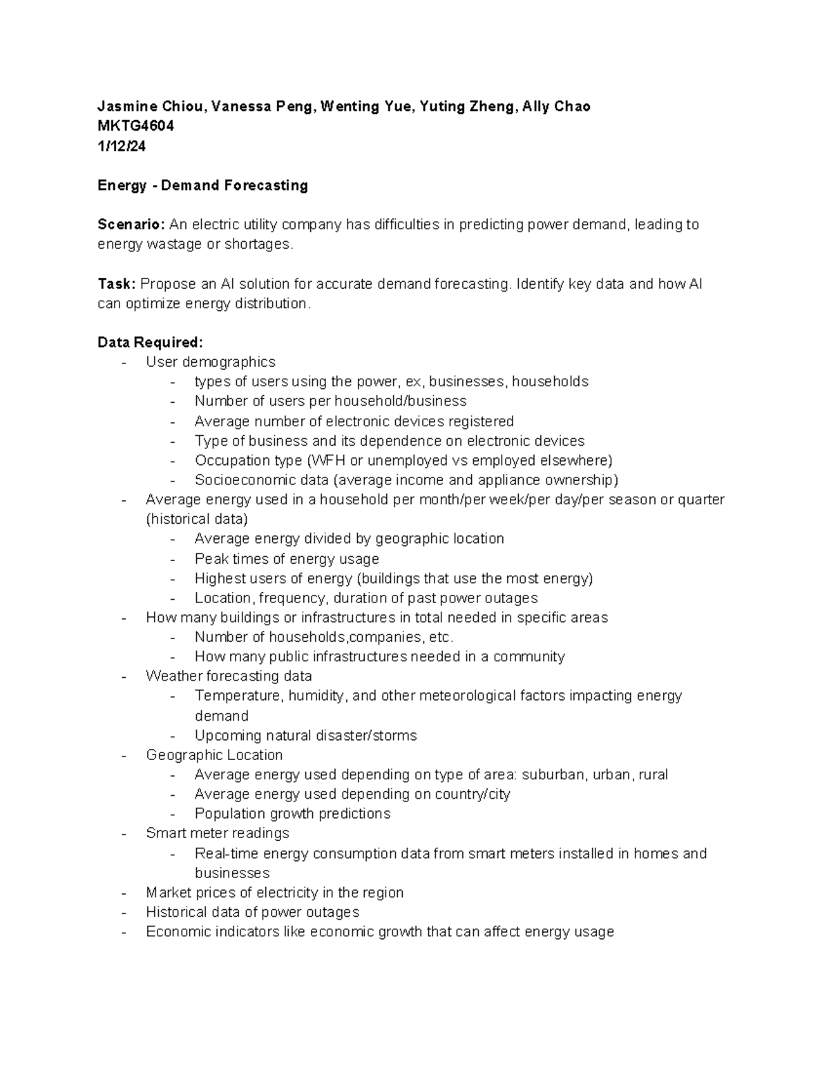 Mktg 4604 demand forecasting - Jasmine Chiou, Vanessa Peng, Wenting Yue ...