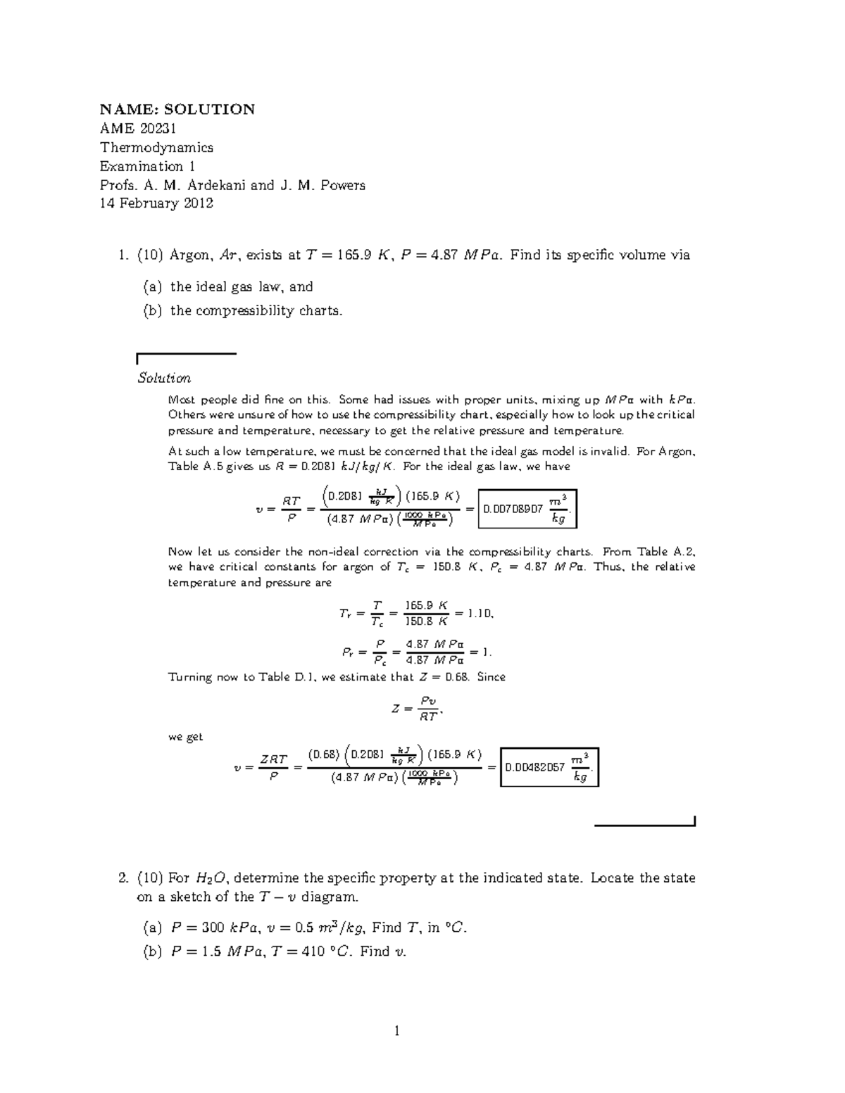 Thermodynamics I Exam 1B Solutions - NAME: SOLUTION AME 20231 ...