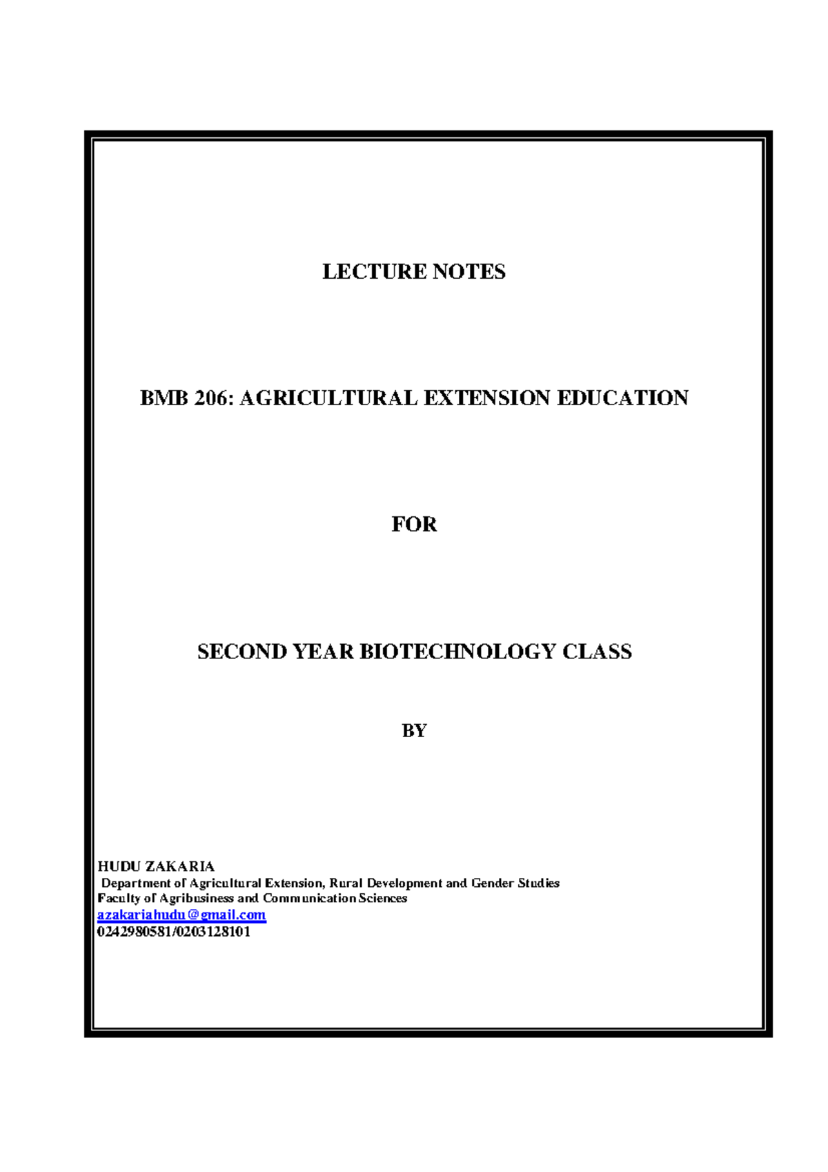 Agricultural Extension AND Rural Develop - LECTURE NOTES BMB 206 ...