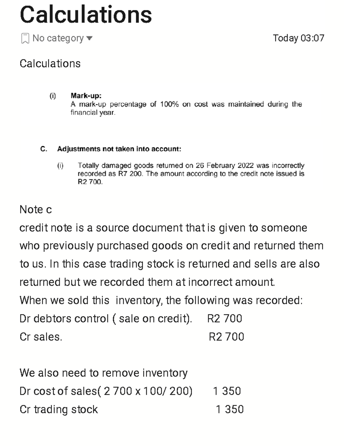 Income statement workings - Calculations No category Today 03 ...