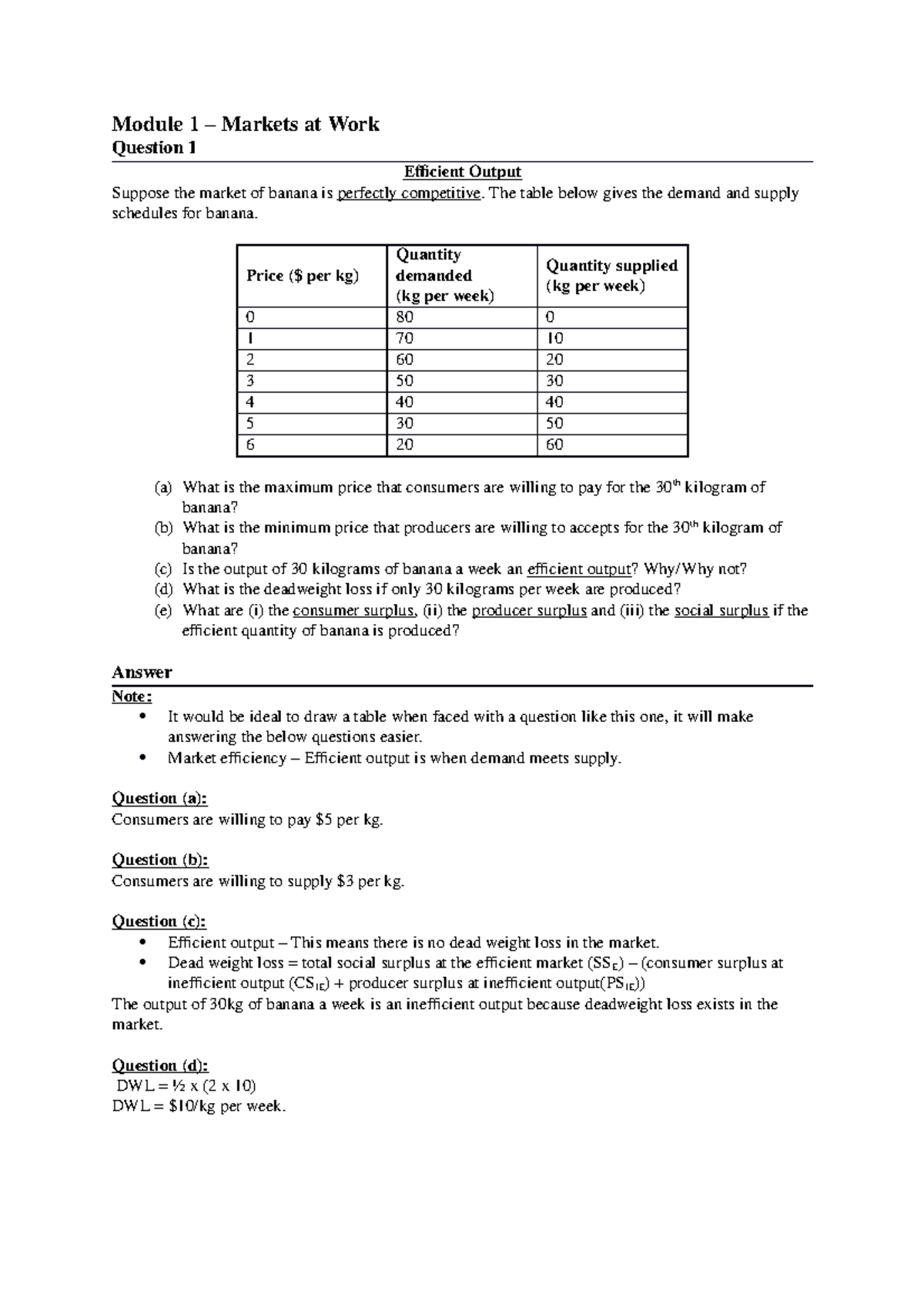 Module 1 - Markets at Work Tutorial Questions and Answers - EFB223 ...