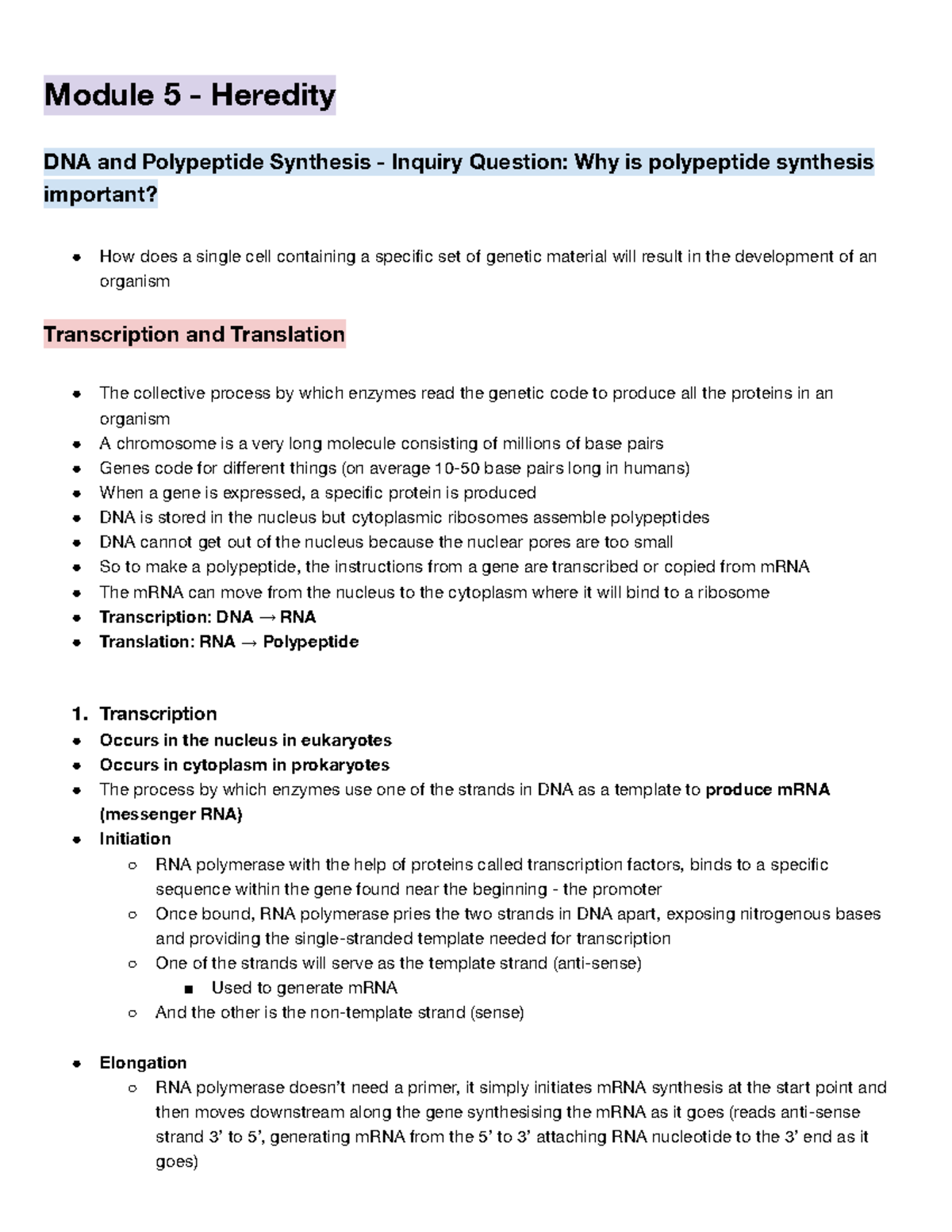 Module 5 Heredity - Module 5 - Heredity DNA and Polypeptide Synthesis ...