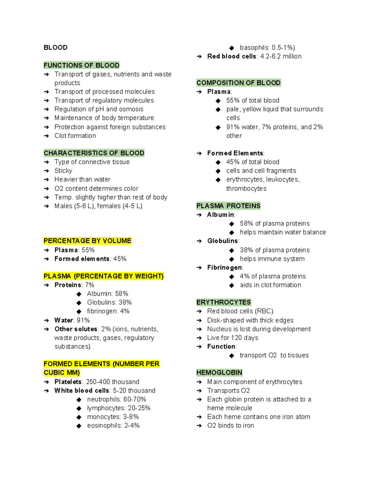 Blood - Answers to Lab Manual - BLOOD FUNCTIONS OF BLOOD Transport of ...