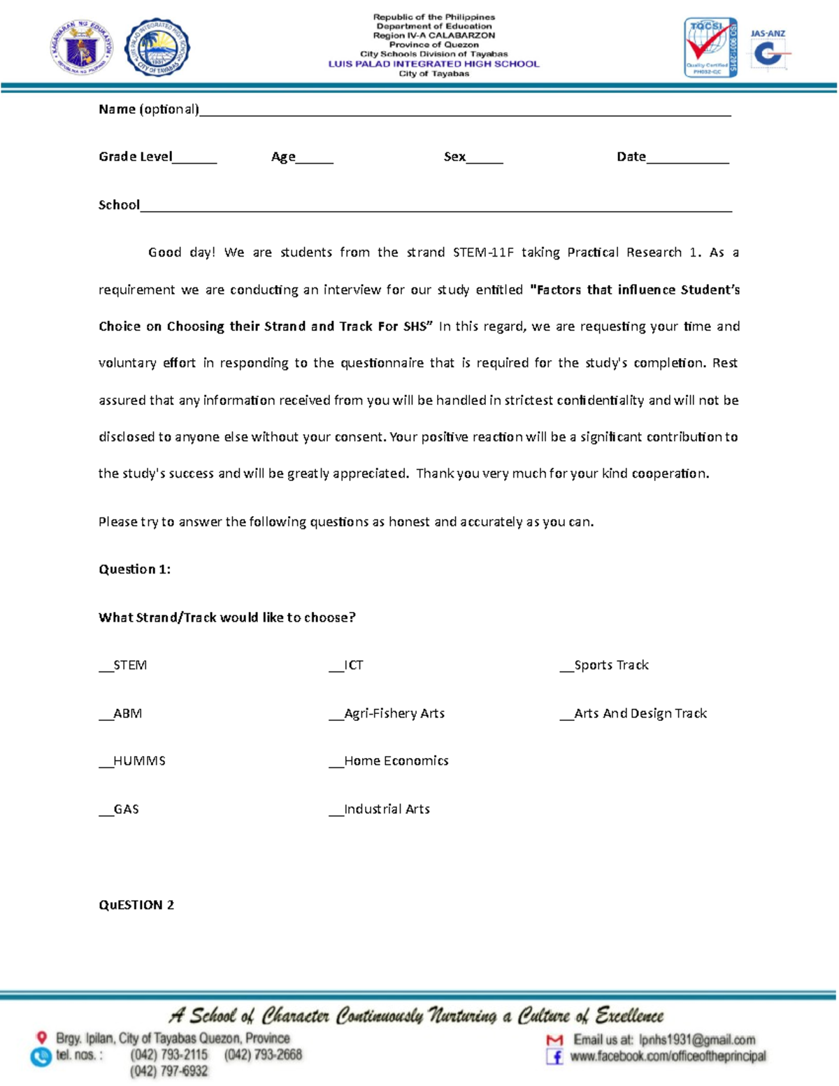 Questionnaire for pr1 - for research purposes - Name - Studocu