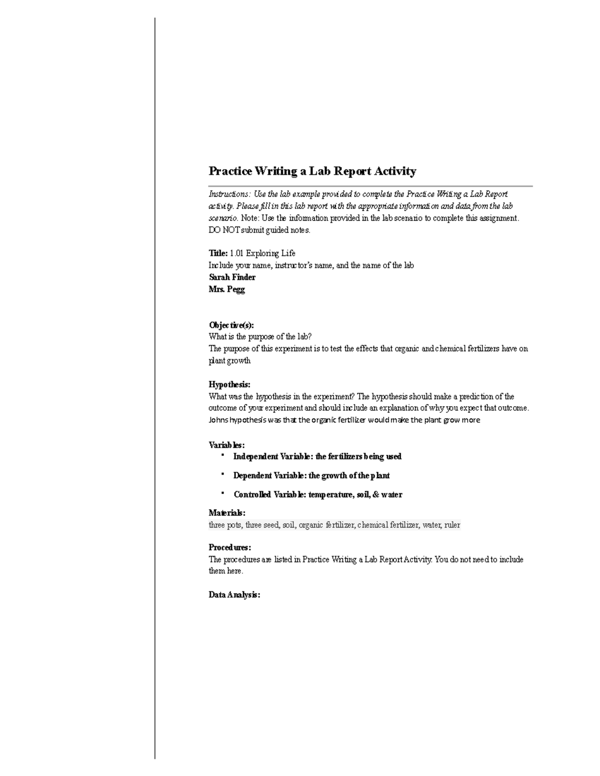 Exploring life - Practice Writing a Lab Report Activity Instructions ...