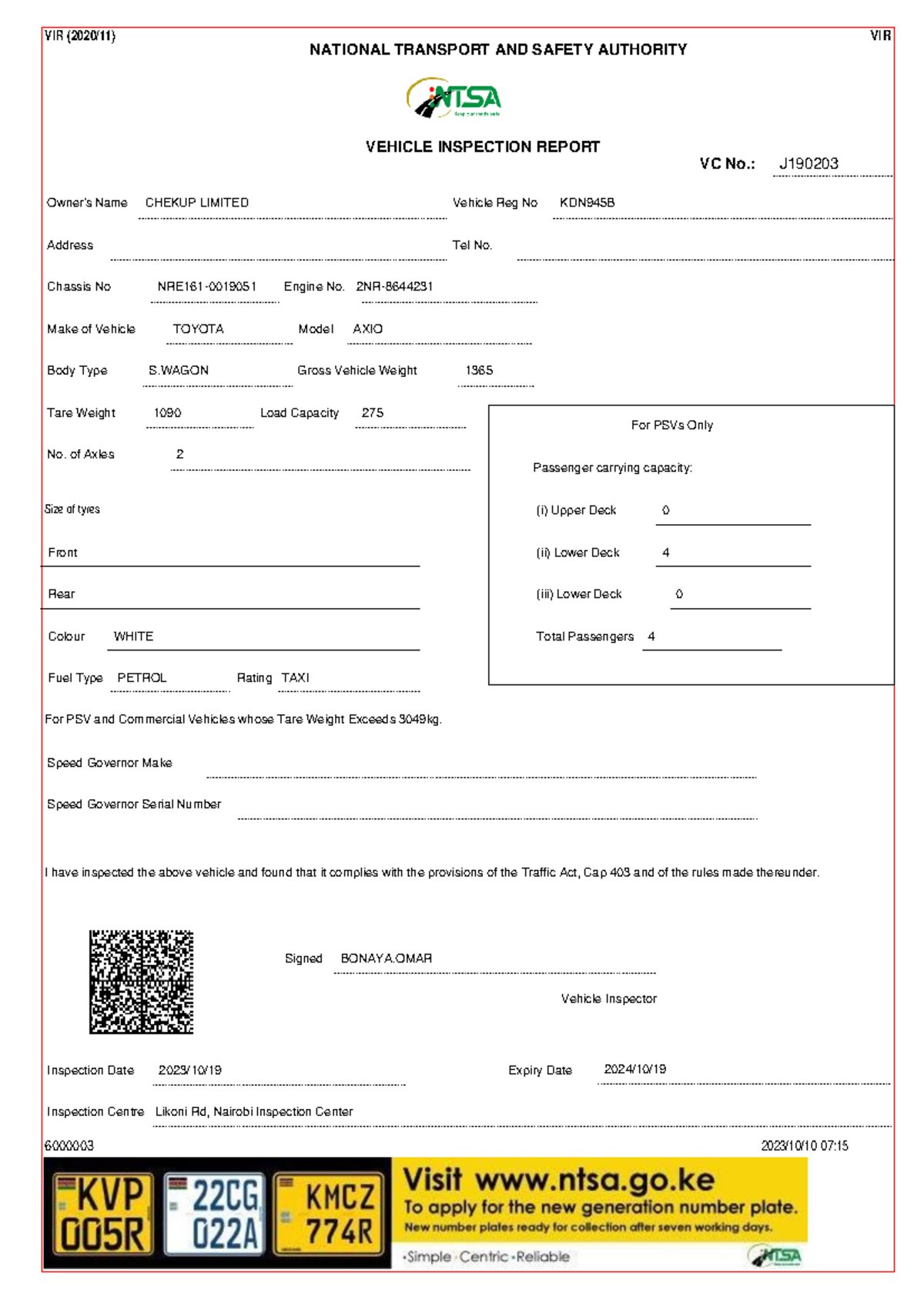 vehicle inspection report - VIR (2020/11) NATIONAL TRANSPORT AND SAFETY ...