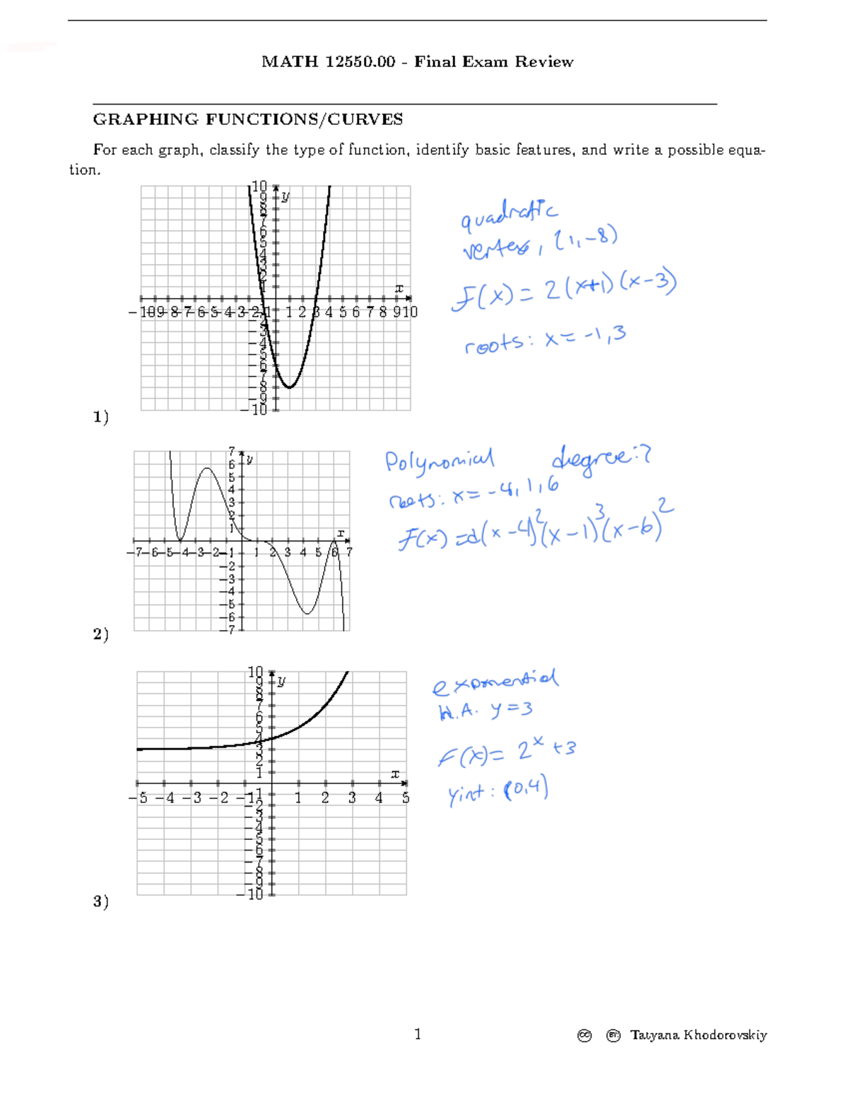 Final Review Questions - MATH 12550 - Final Exam Review GRAPHING ...