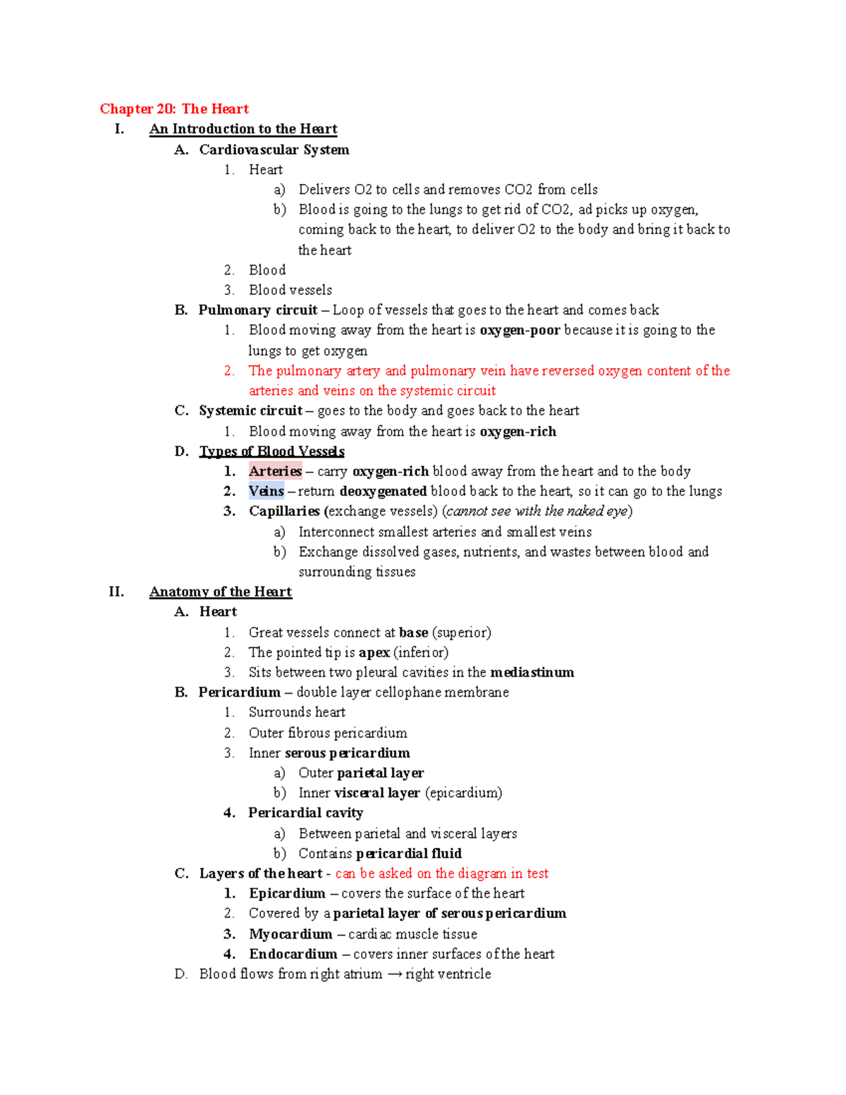 Chapter 20 The Heart - Chapter 20: The Heart I. An Introduction to the ...