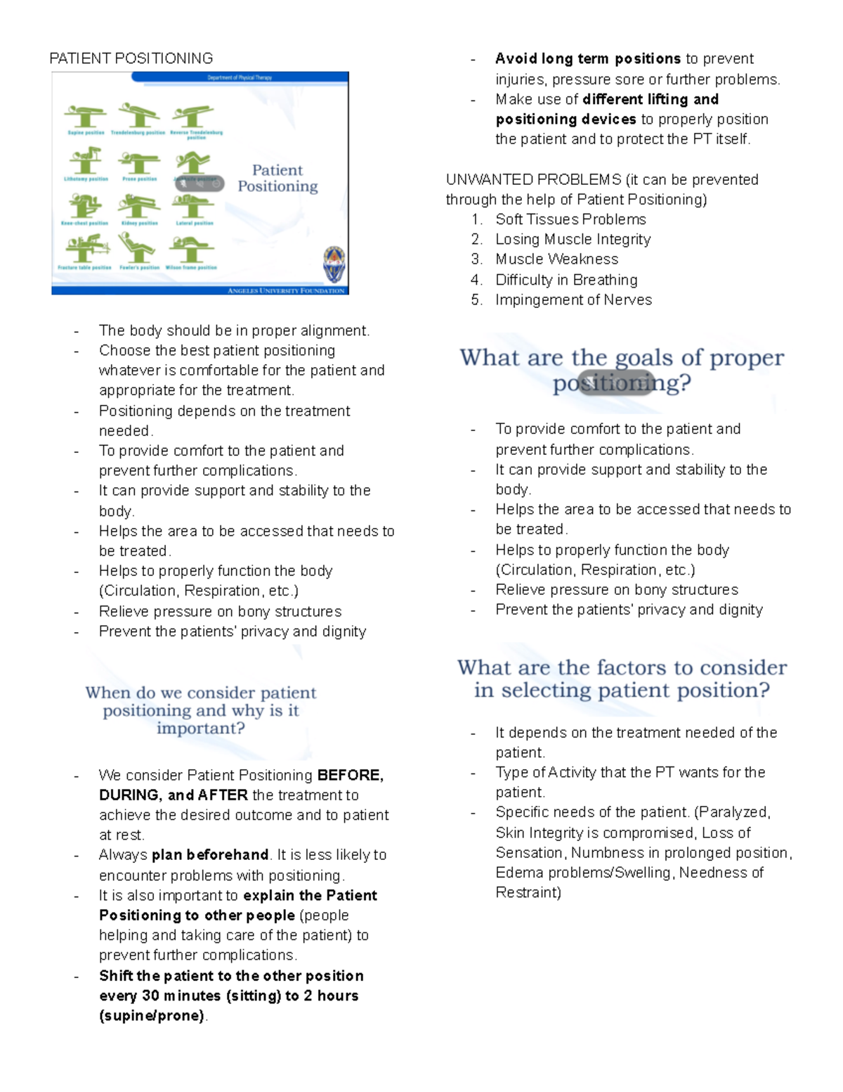 Patient- Positioning - PATIENT POSITIONING The body should be in proper ...
