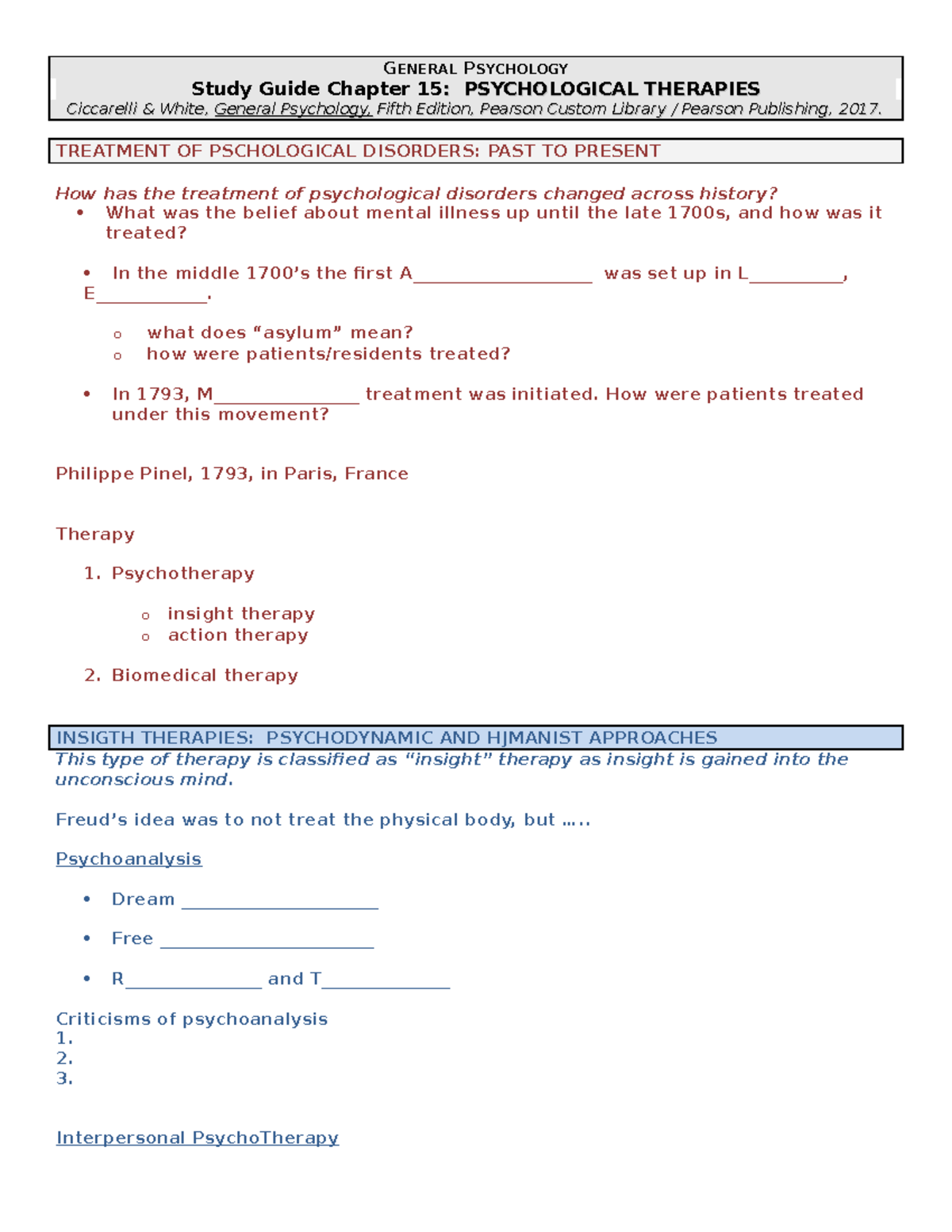 Backup of Chapter 15 study guide Therapies fifth ed 042618 - GENERAL PSYCHOLOGY Study Guide ...