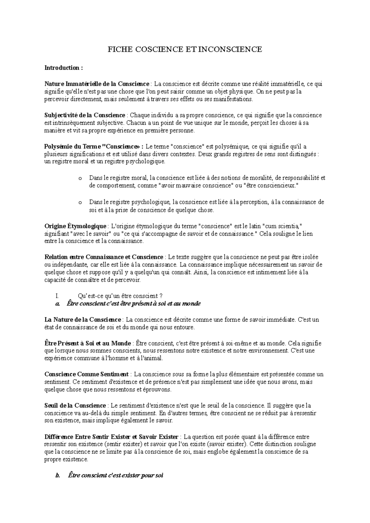 Fiche Conscience Inconscience - FICHE COSCIENCE ET INCONSCIENCE ...