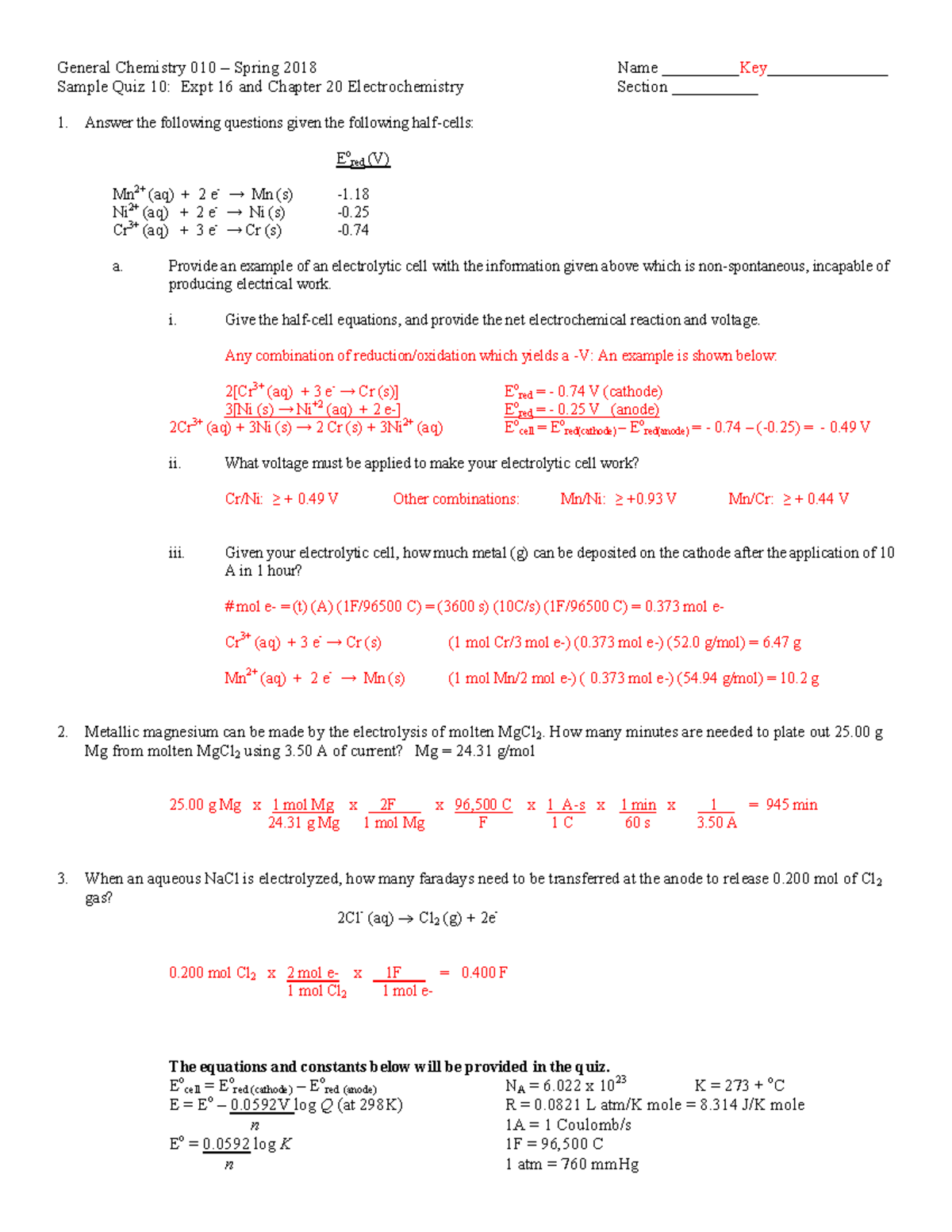 Sp18 Sample Quiz 10 - Electrochemistry - key - General Chemistry 010 ...