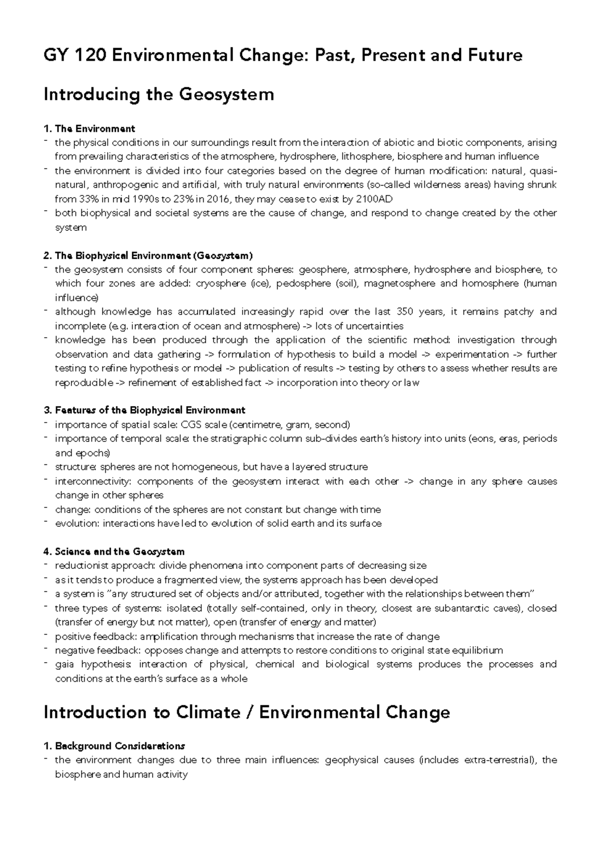 Notes - Summary Environmental Change: Past, Present and Future - GY 120 ...