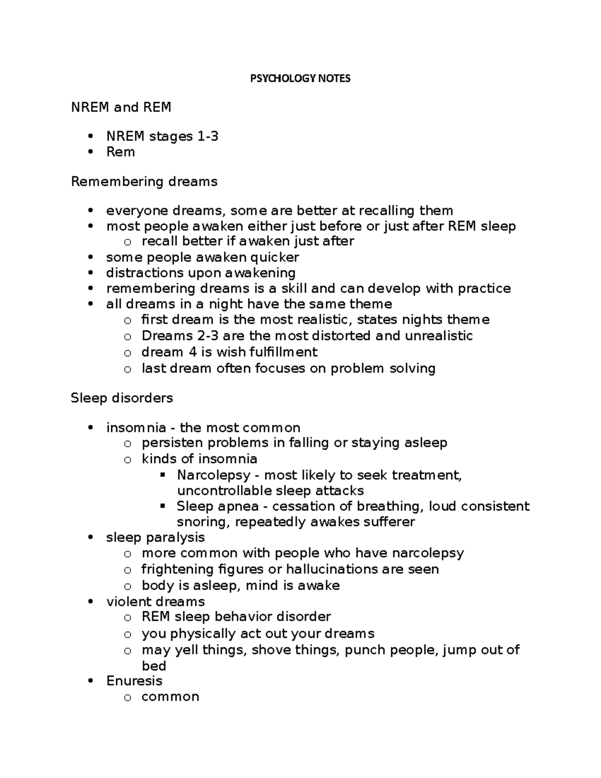 Psychology Notes - PSYCHOLOGY NOTES NREM and REM NREM stages 1- Rem ...