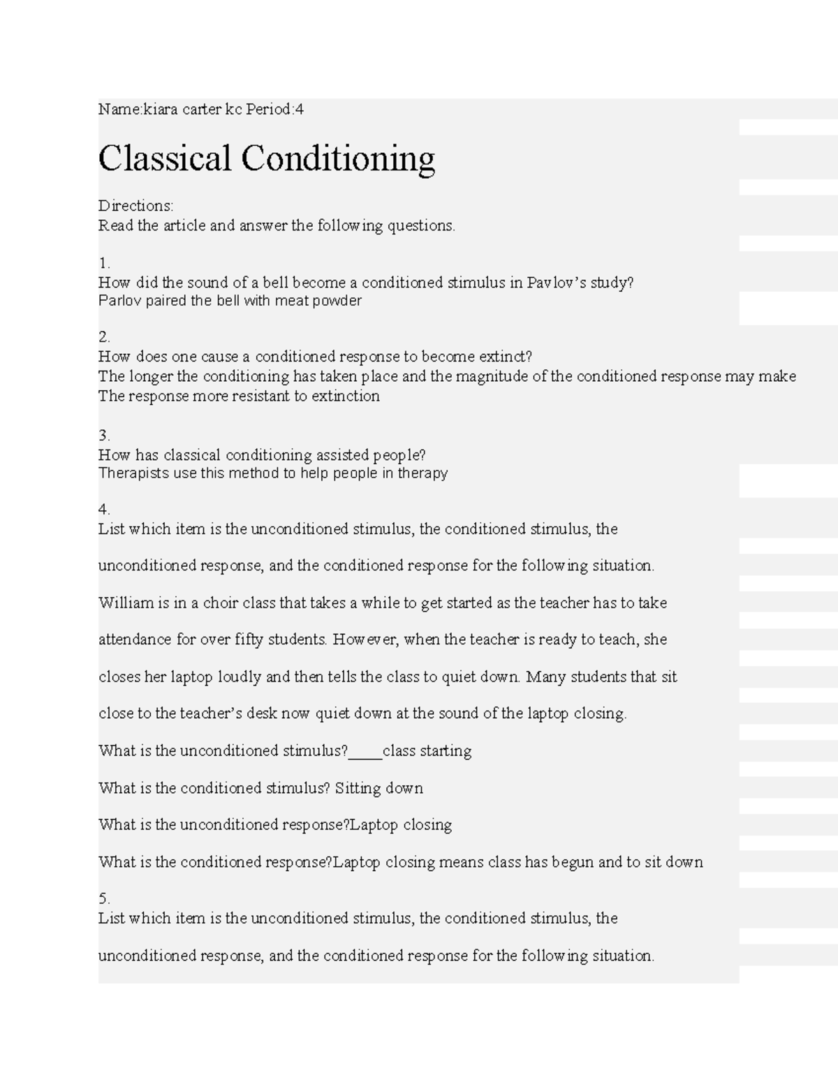 Classical Conditioning Worksheet - Name:kiara carter kc Period ...