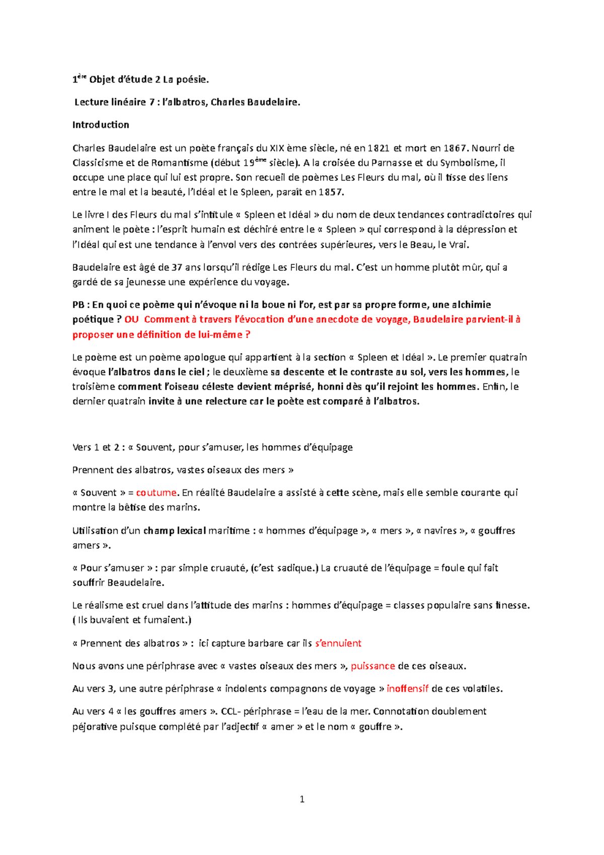 1ère Objet d'étude 2 La poésie lecture linéaire 2 L'albatros Baudelaire ...