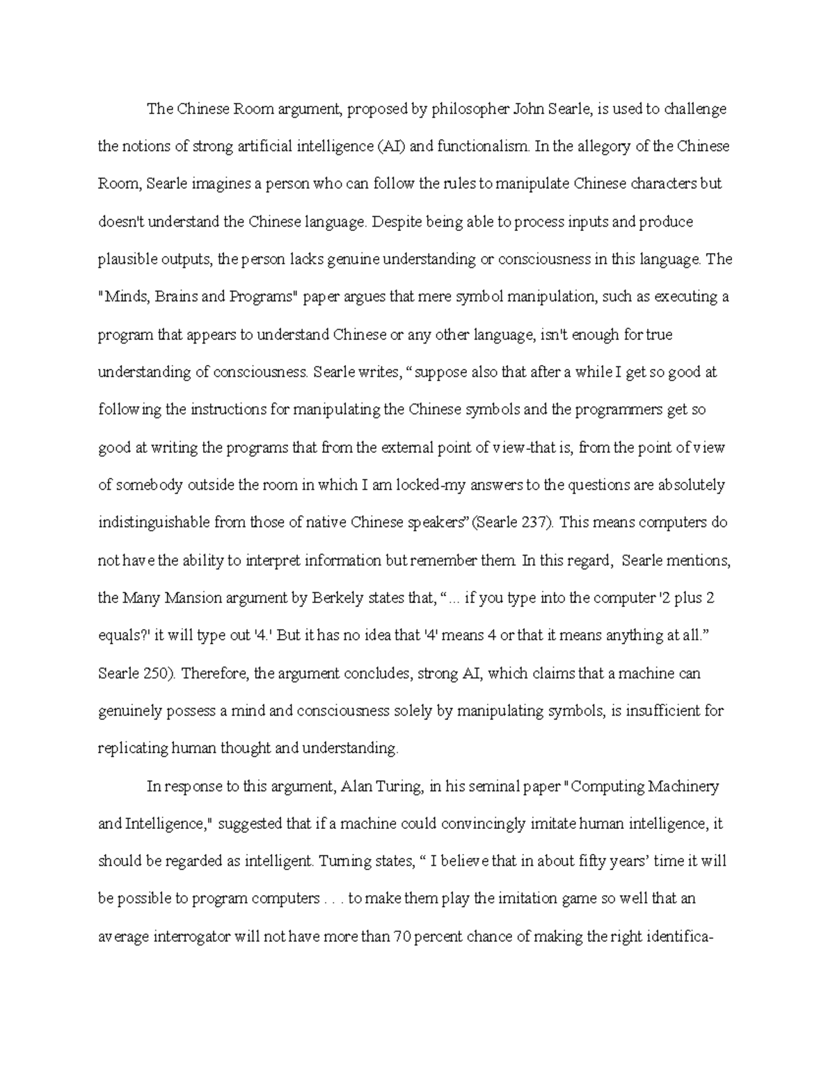 Zaman Assignment 5 - ccbc - The Chinese Room argument, proposed by ...