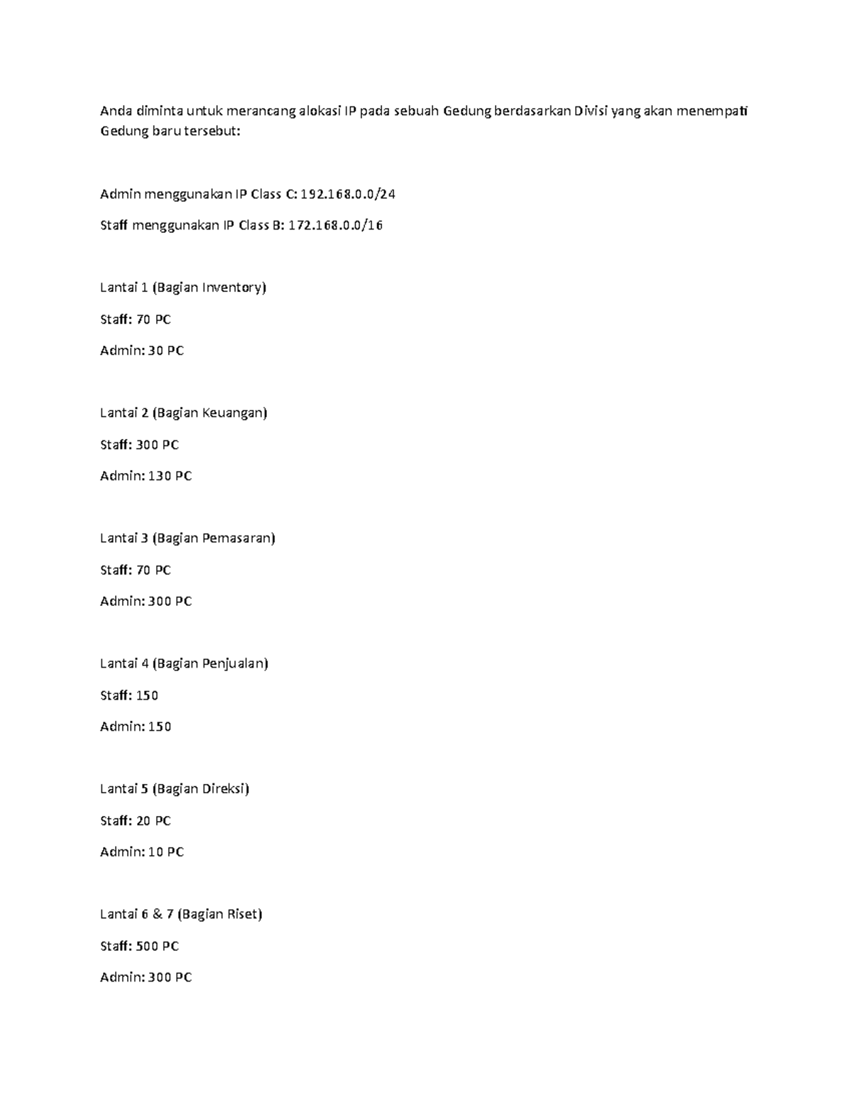 Jaringan Komputer - Anda diminta untuk merancang alokasi IP pada sebuah Gedung berdasarkan ...