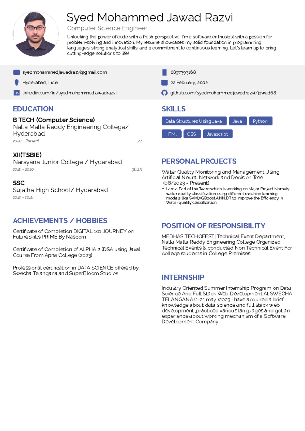 Syed's Resume - muzammil - Syed Mohammed Jawad Razvi Computer Science Engineer Unlocking the ...