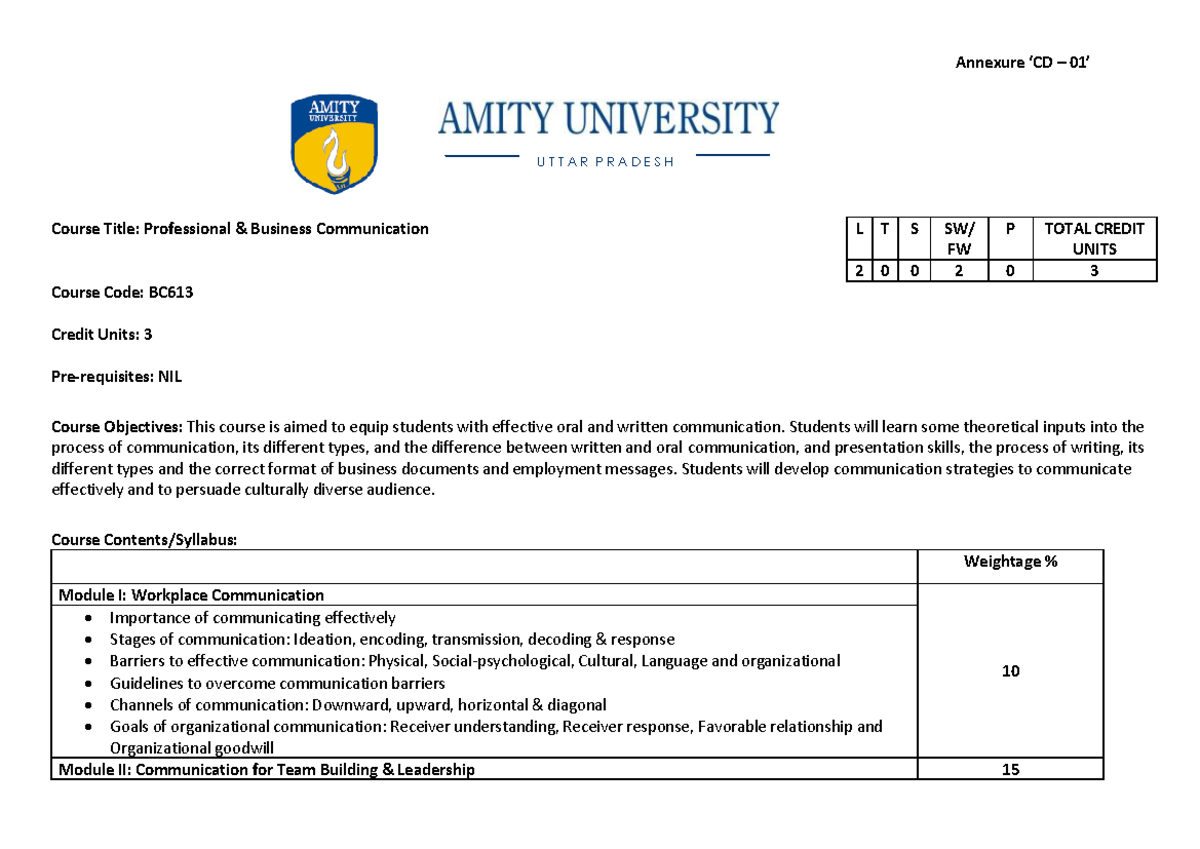 Syllabus English for Business Communication - Annexure ‘CD – 01’ Course ...