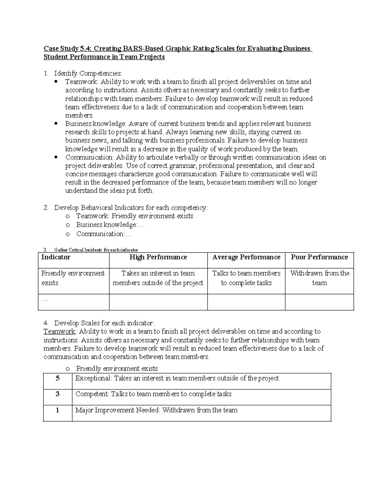 Chapter 5 exercise 2 Measuring competency - Case Study 5: Creating BARS ...