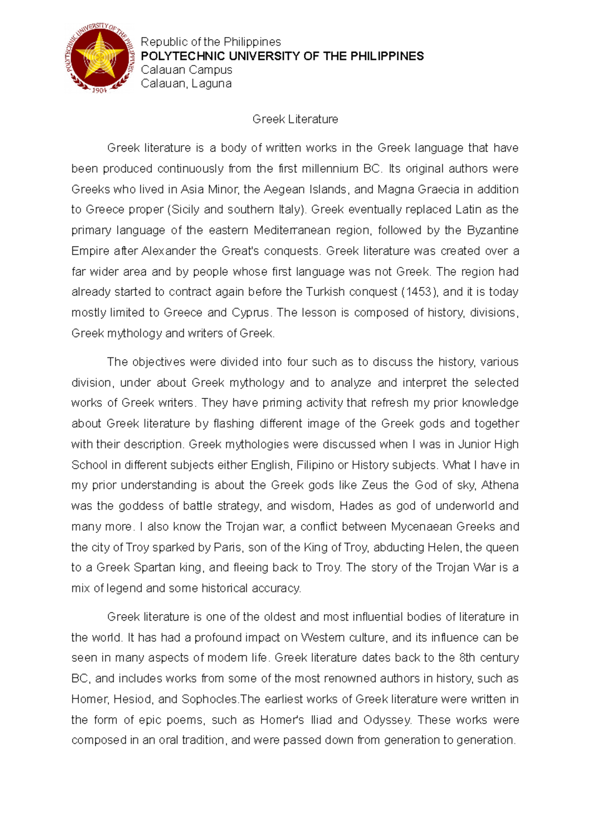 Greek Literature - REFLECTION - Republic of the Philippines POLYTECHNIC ...