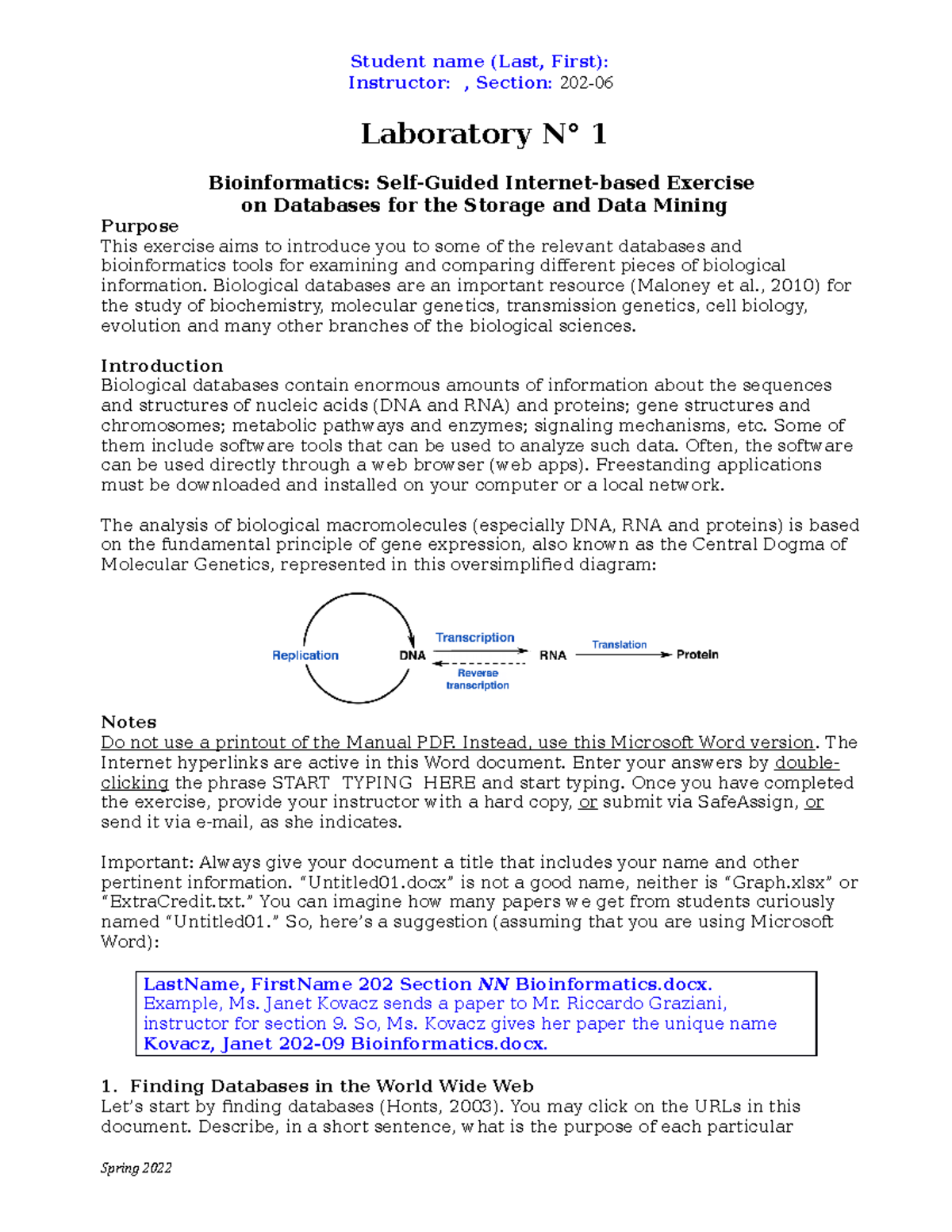 Practice lab report Bioinformatics.docx - Laboratory N° 1 ...