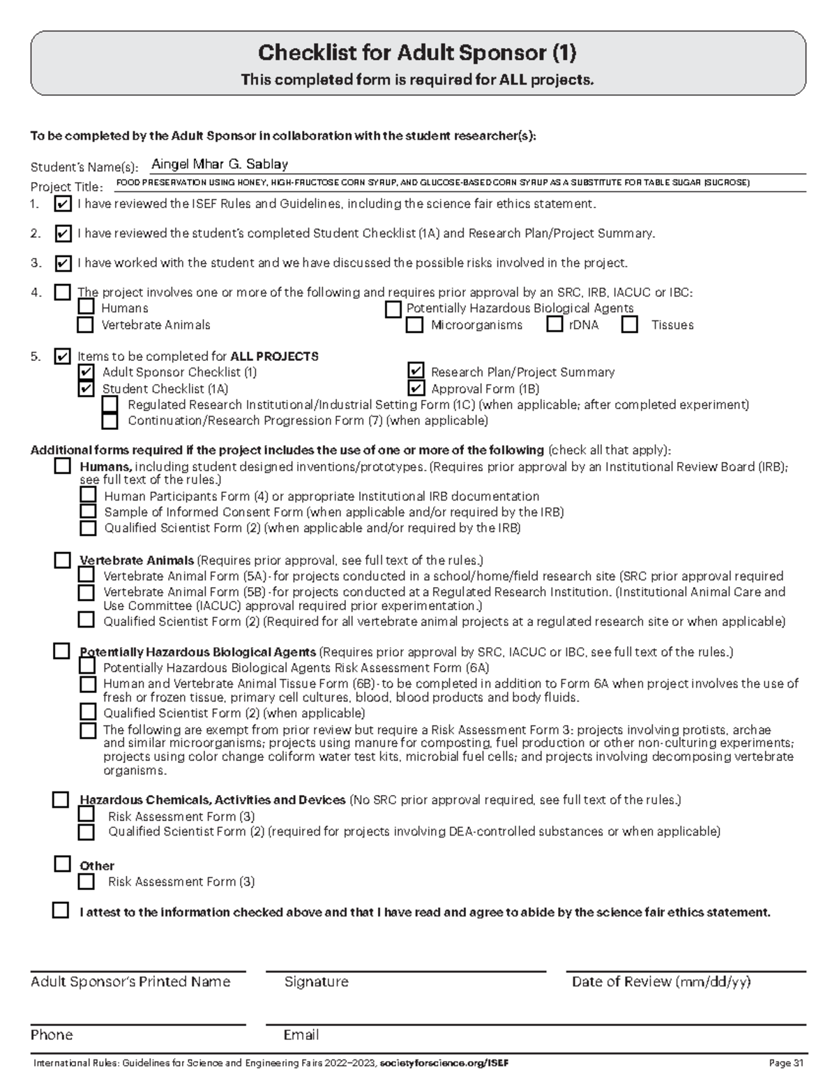 1 Checklist for Adult Sponsor - Adult Sponsor’s Printed Name Signature ...