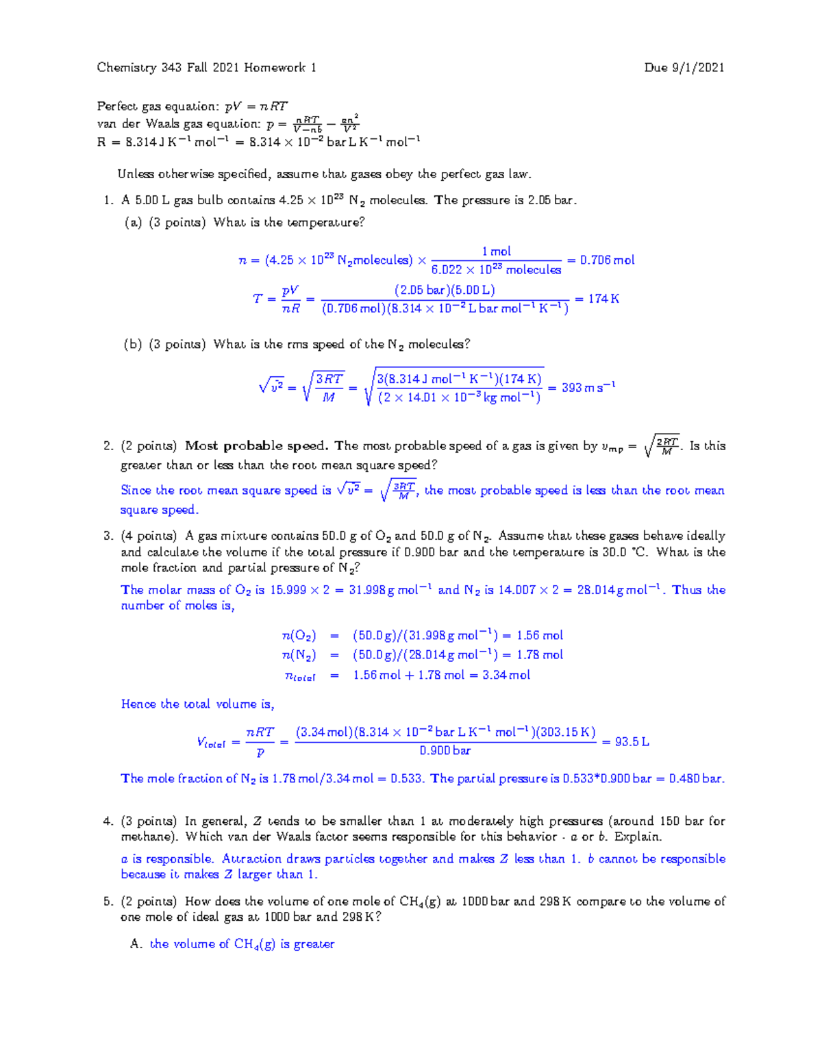 HW1 solution CHEM343 - Chemistry 343 Fall 2021 Homework 1 Due 9/1 ...
