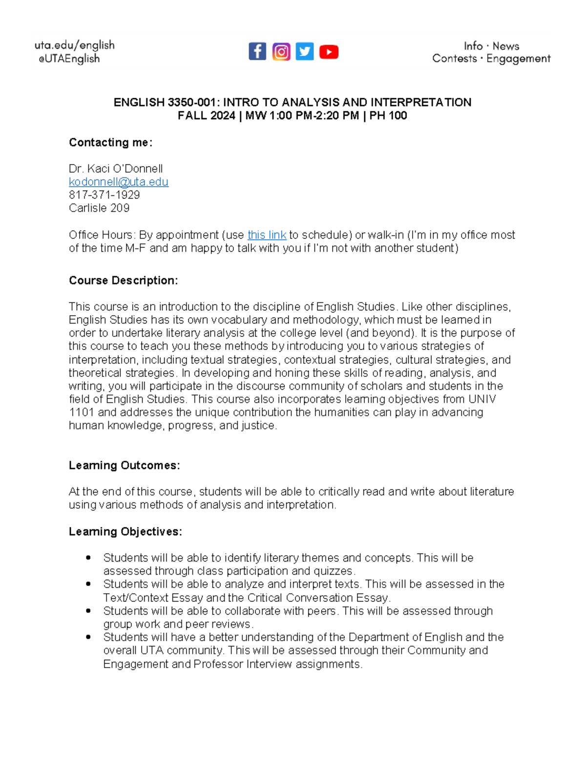 ENGL 3350 Syllabus SP24 - ENGLISH 3350-001: INTRO TO ANALYSIS AND INTERPRETATION FALL 2024 | MW ...