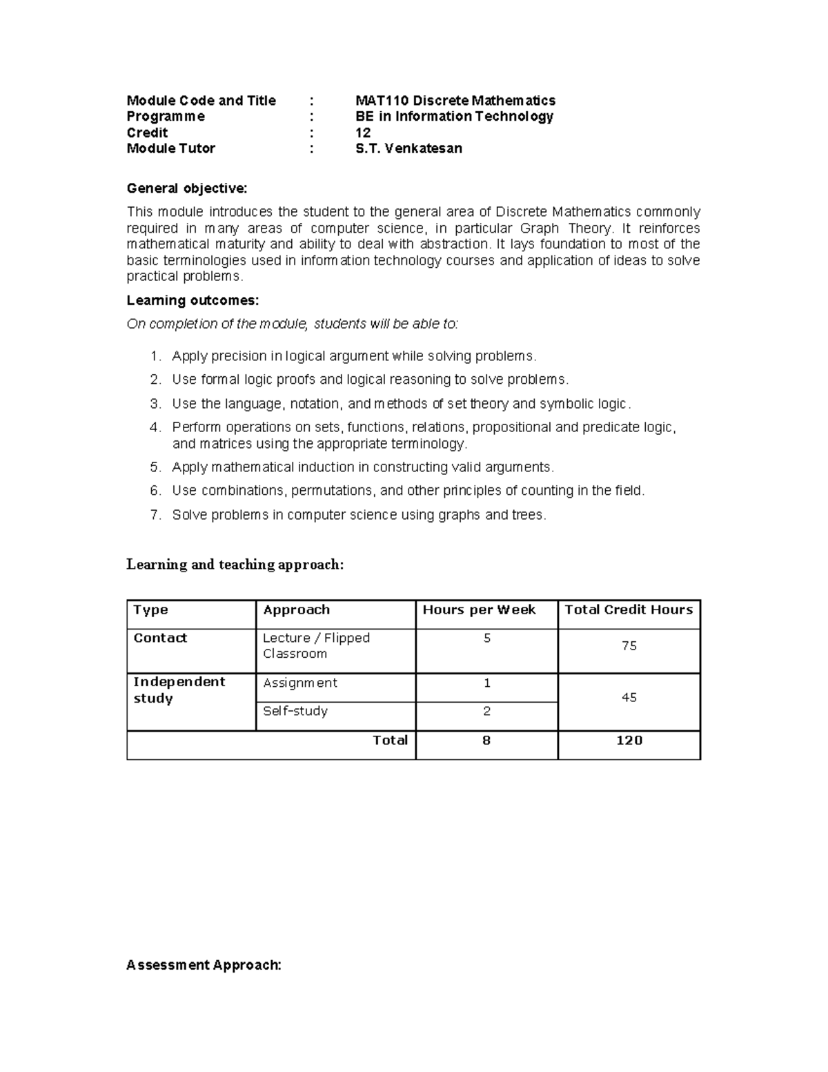 MAT110 DM Module Descriptor SS2024 - Module Code and Title : MAT110 Discrete Mathematics ...