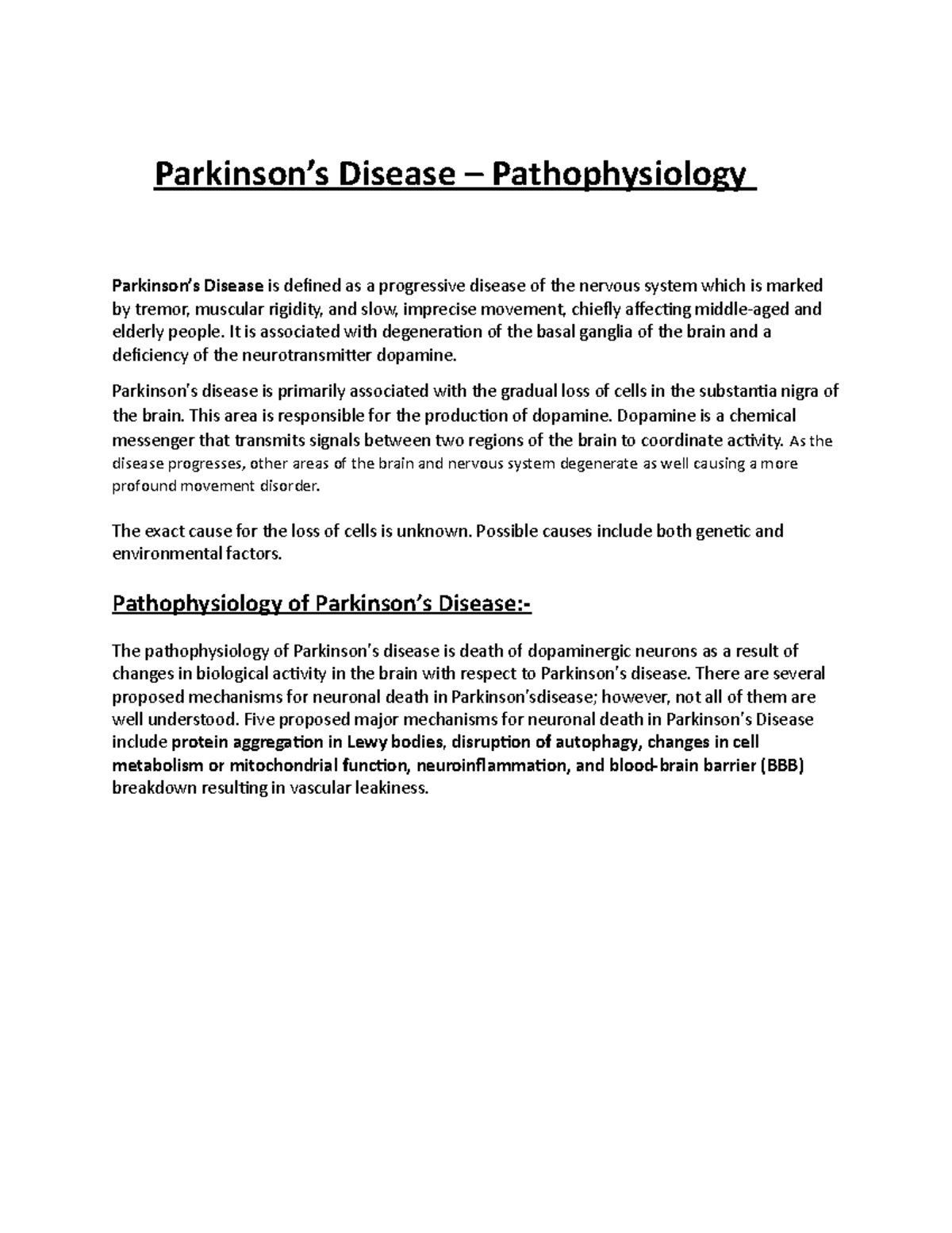 Parkinson's 11111 dis^. pathophysiology note 1 - Parkinson’s Disease ...