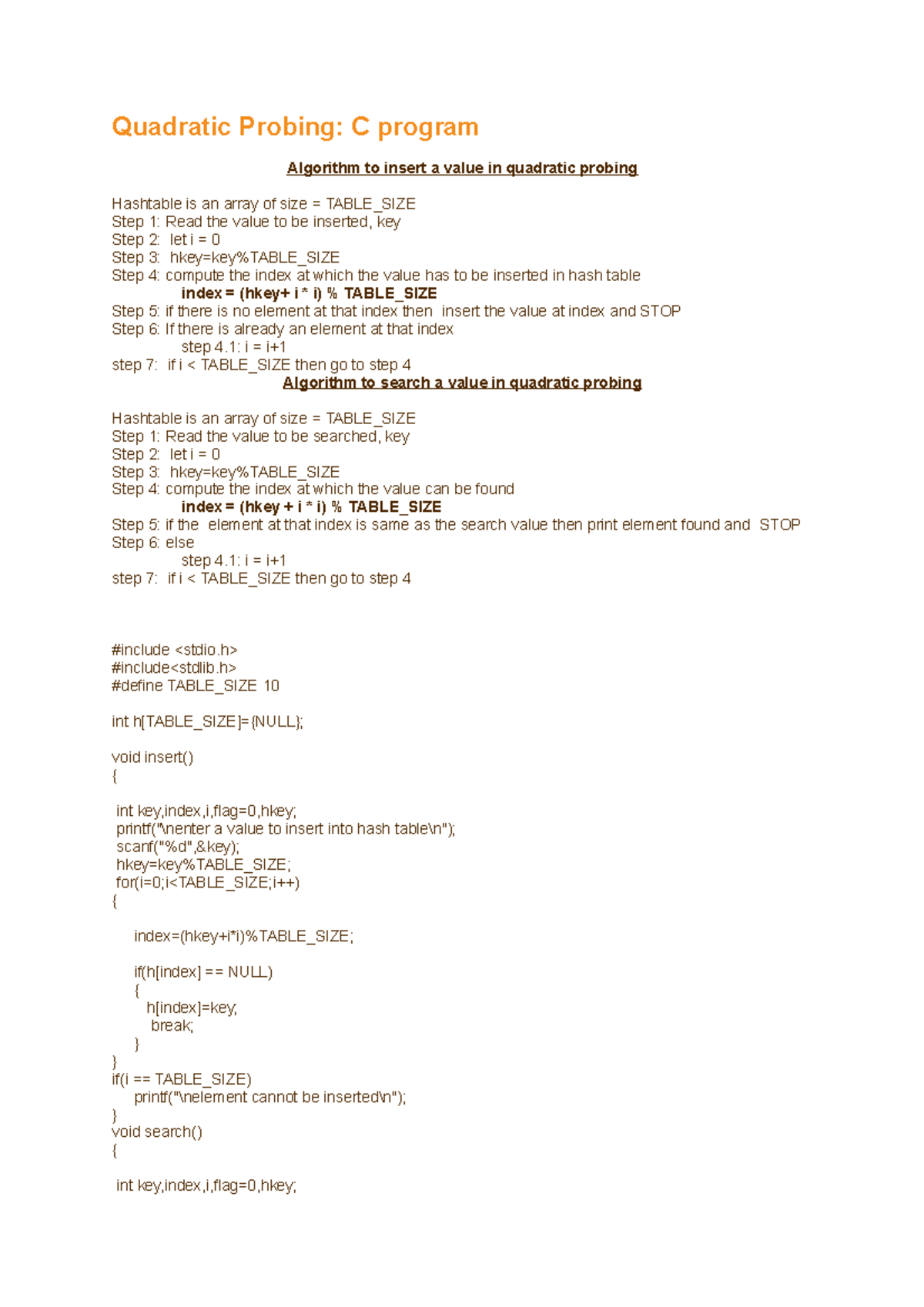 Hash Table Using Quadratic Probing Quadratic Probing C Program Algorithm To Insert A Value In