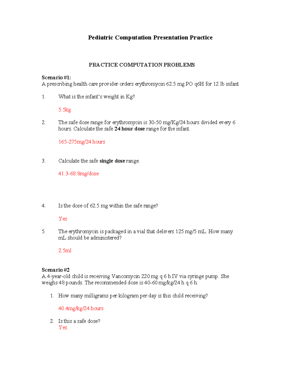 Practice Pediatric Computation for PPT-Key Fall 19 - Pediatric ...