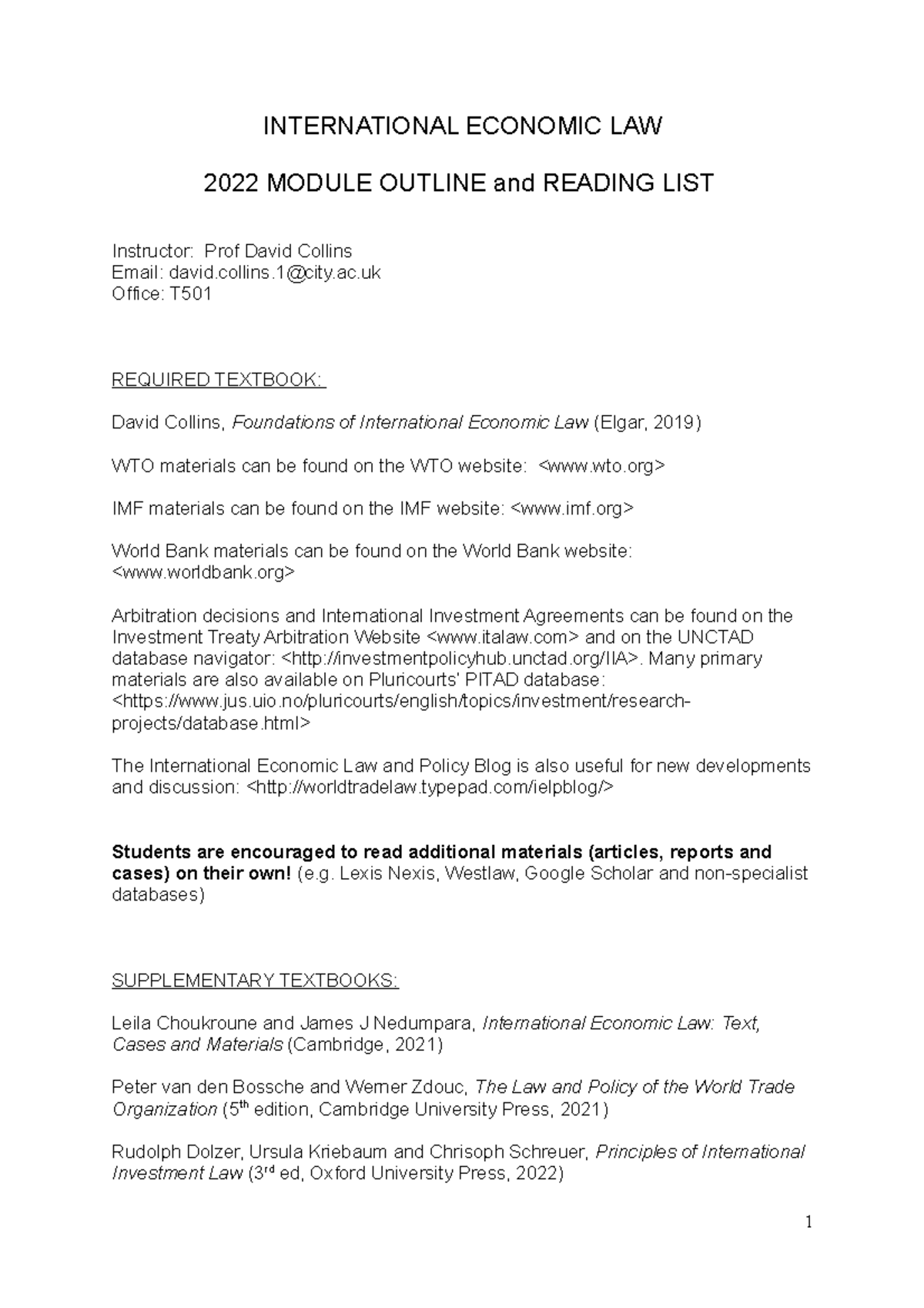 Lectures 2022 - lecturre notes - INTERNATIONAL ECONOMIC LAW 2022 MODULE ...