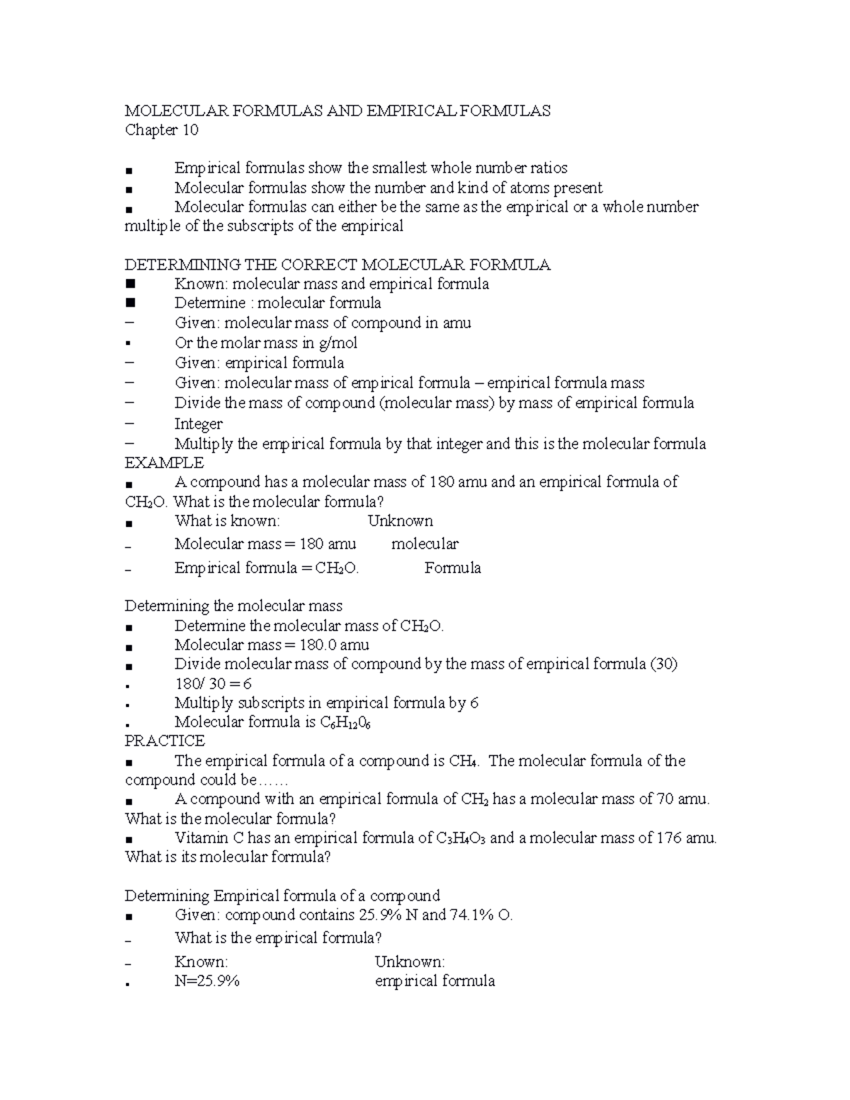 Molecular formulas and empirical formulas and mole-volume notes ...