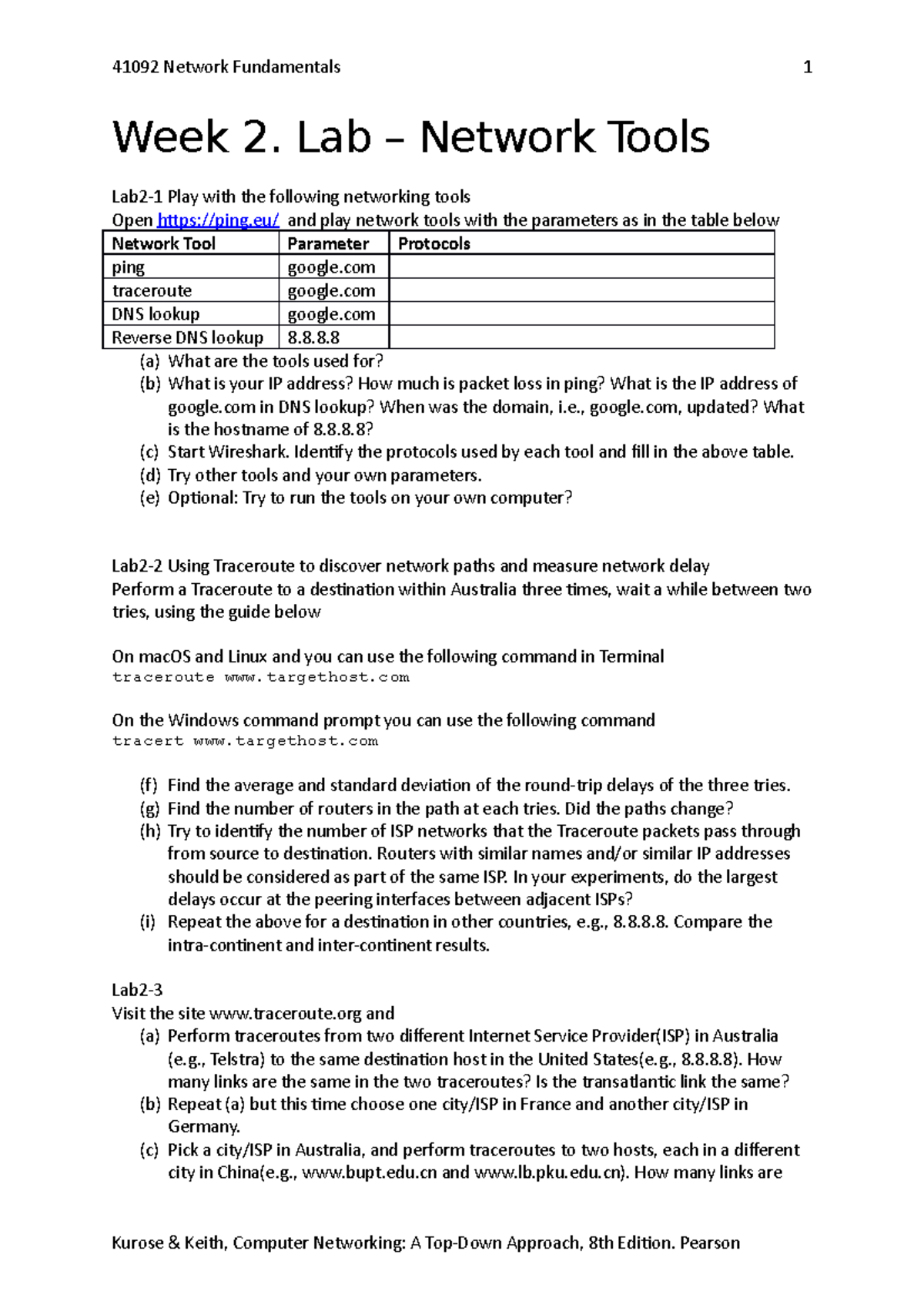 Week2-Lab-Network Tools - 41092 Network Fundamentals Week 2. Lab – Network Tools Lab2-1 Play ...