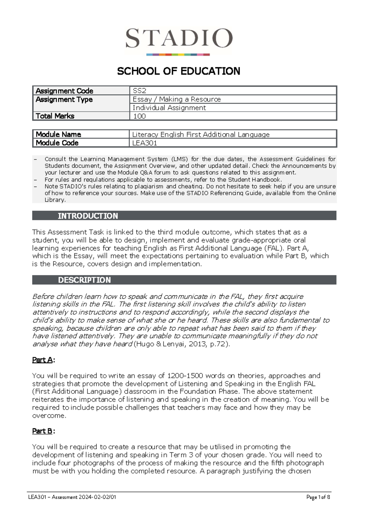 Stadio Assignment Template LEA301-SS2 2024-1 - SCHOOL OF EDUCATION Assignment Code SS 2 ...