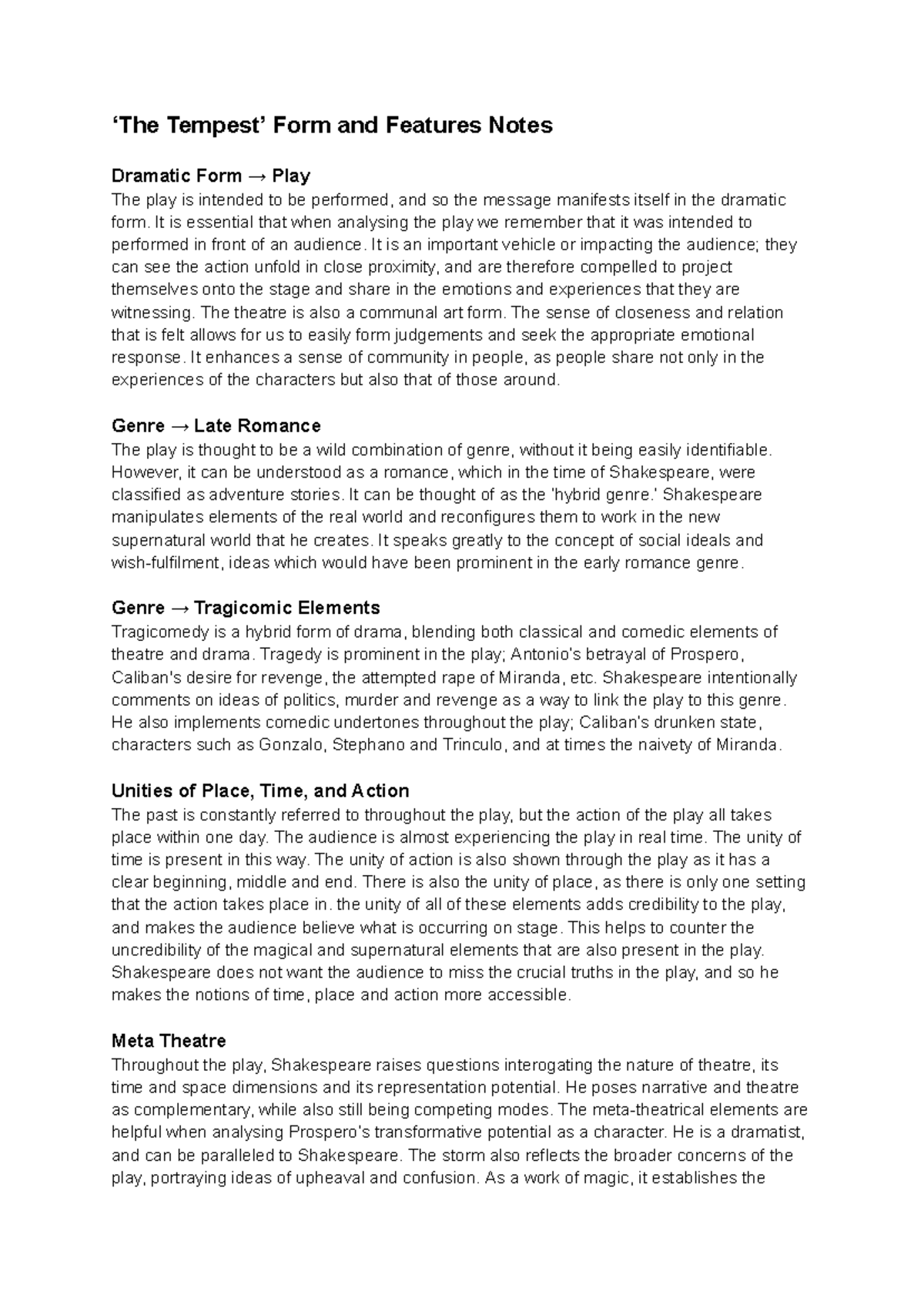 ‘The Tempest’ Form and Features Notes - It is essential that when ...
