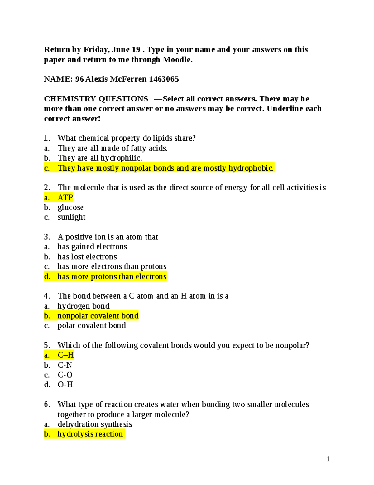 Chem Questions - help - Return by Friday, June 19. Type in your name ...