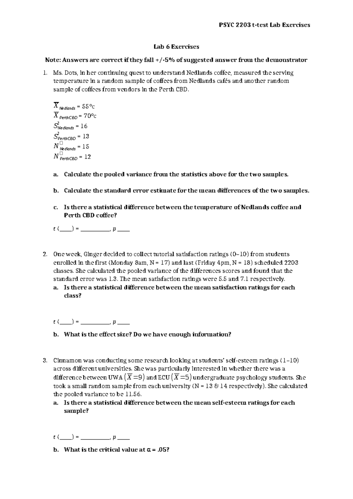 (2024) PSYC2203 Lab 6[Week 8] Exercises - Lab 6 Exercises Note: Answers are correct if they fall ...