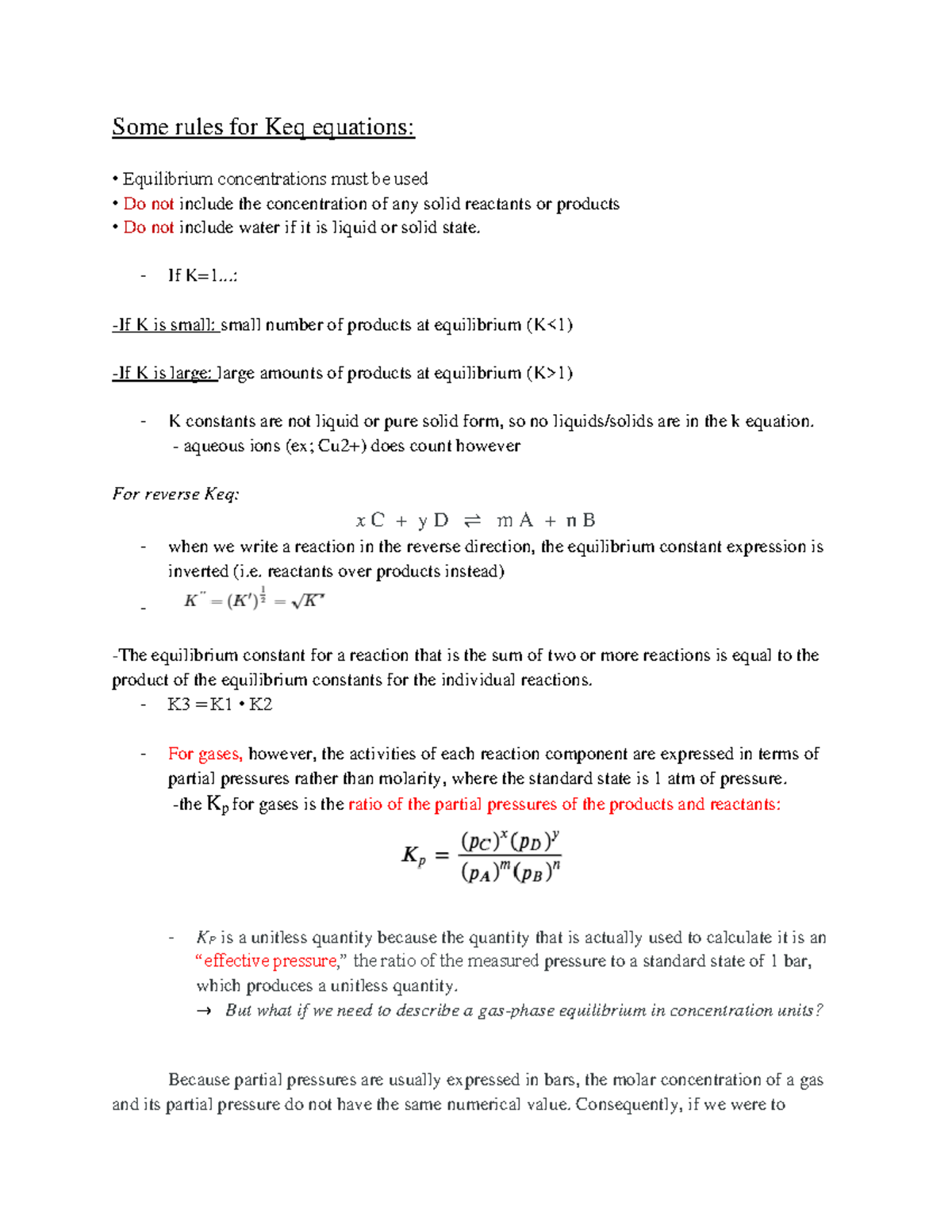 Chapter 4 Chem Textbook Notes - Some rules for Keq equations ...