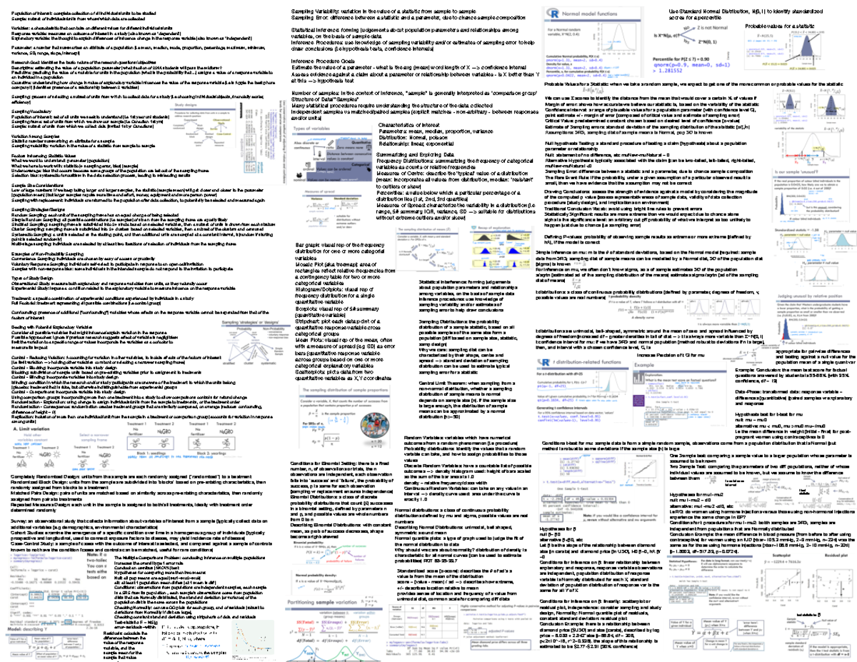 Stats 2244 Cheat Sheet - Population of interest: complete collection of ...