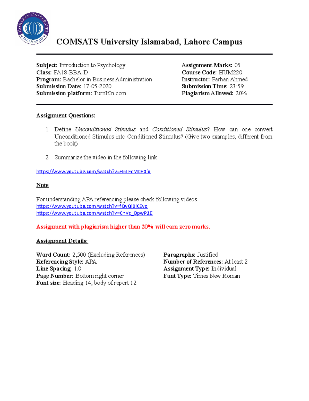 Assignment Psychology 14-May-2020 - COMSATS University Islamabad ...
