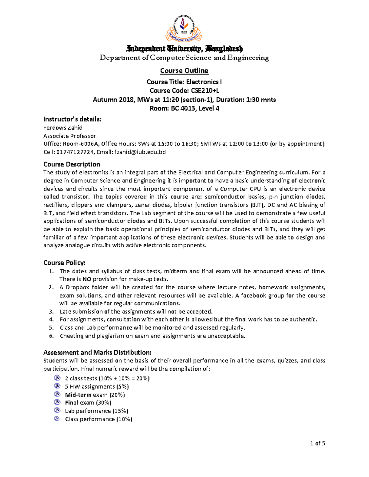 CSE210 course outline FZ - Warning: TT: undefined function: 32 Independent University ...