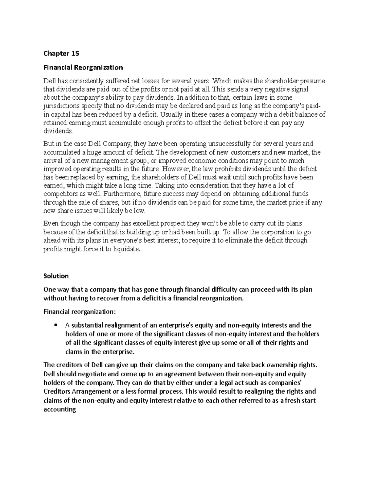 Chapter 15 - notes - Chapter 15 Financial Reorganization Dell has ...