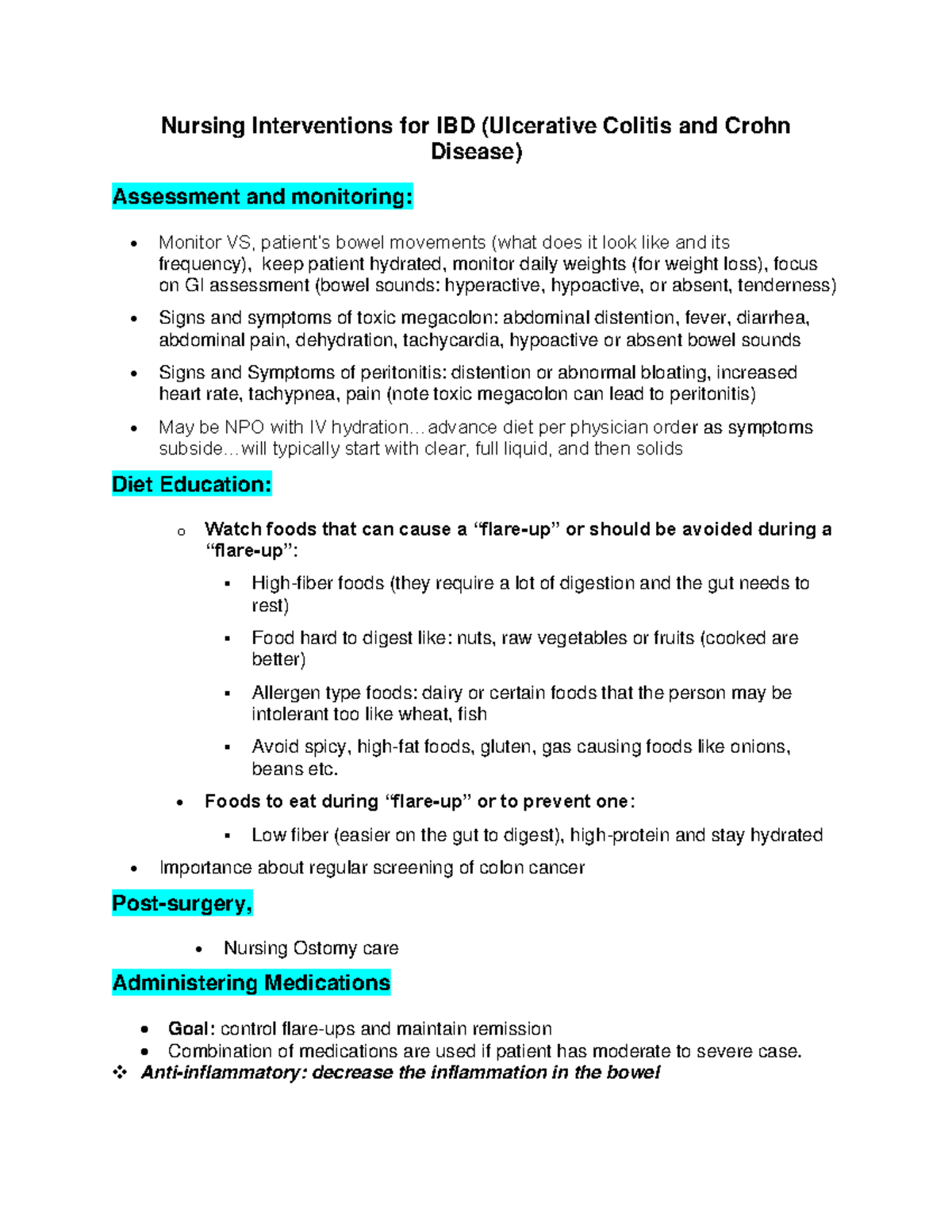 Nursing care of IBD - IBD notes med surg - Nursing Interventions for ...