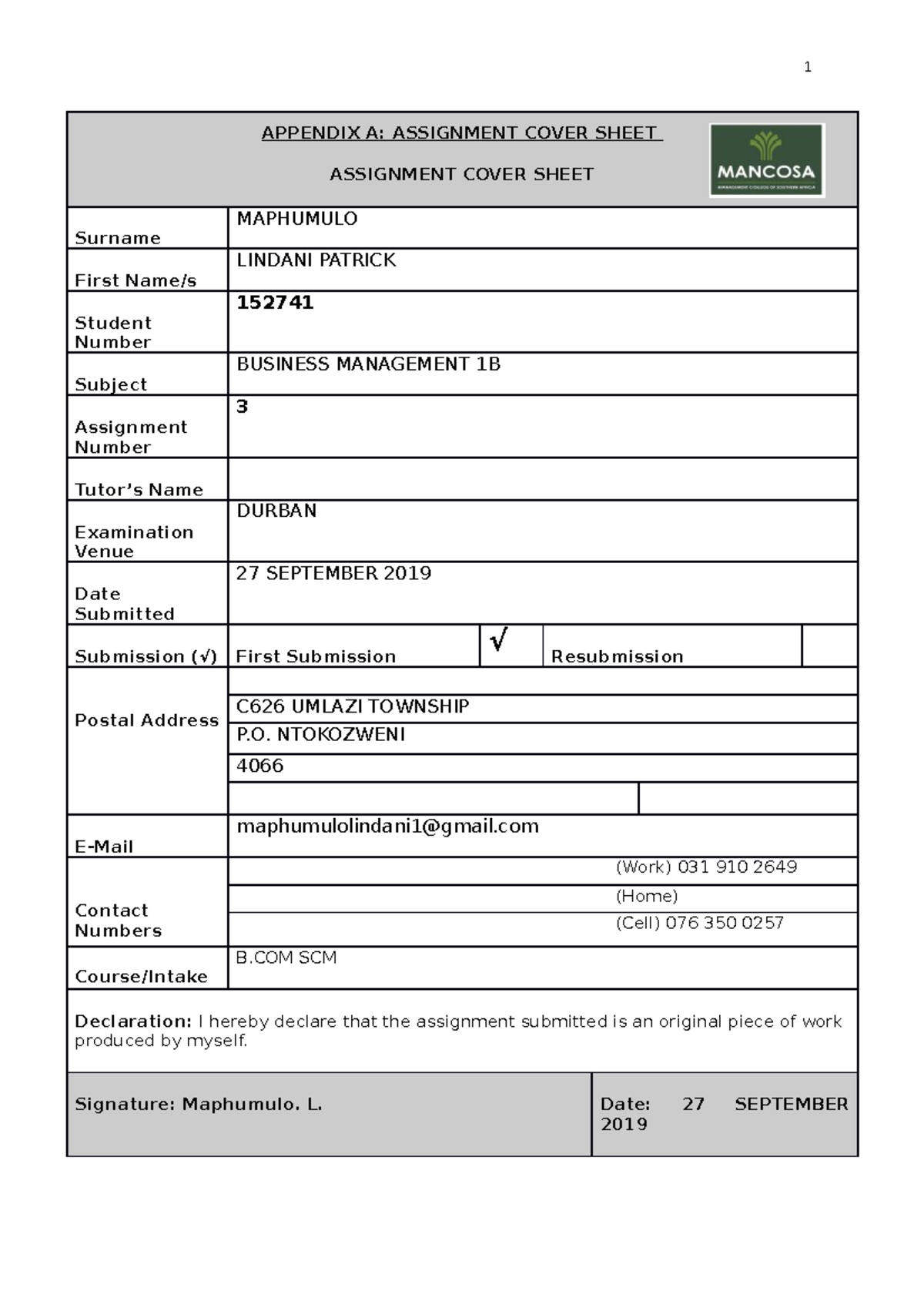 Shipping and General - Assignment - APPENDIX A: ASSIGNMENT COVER SHEET ...